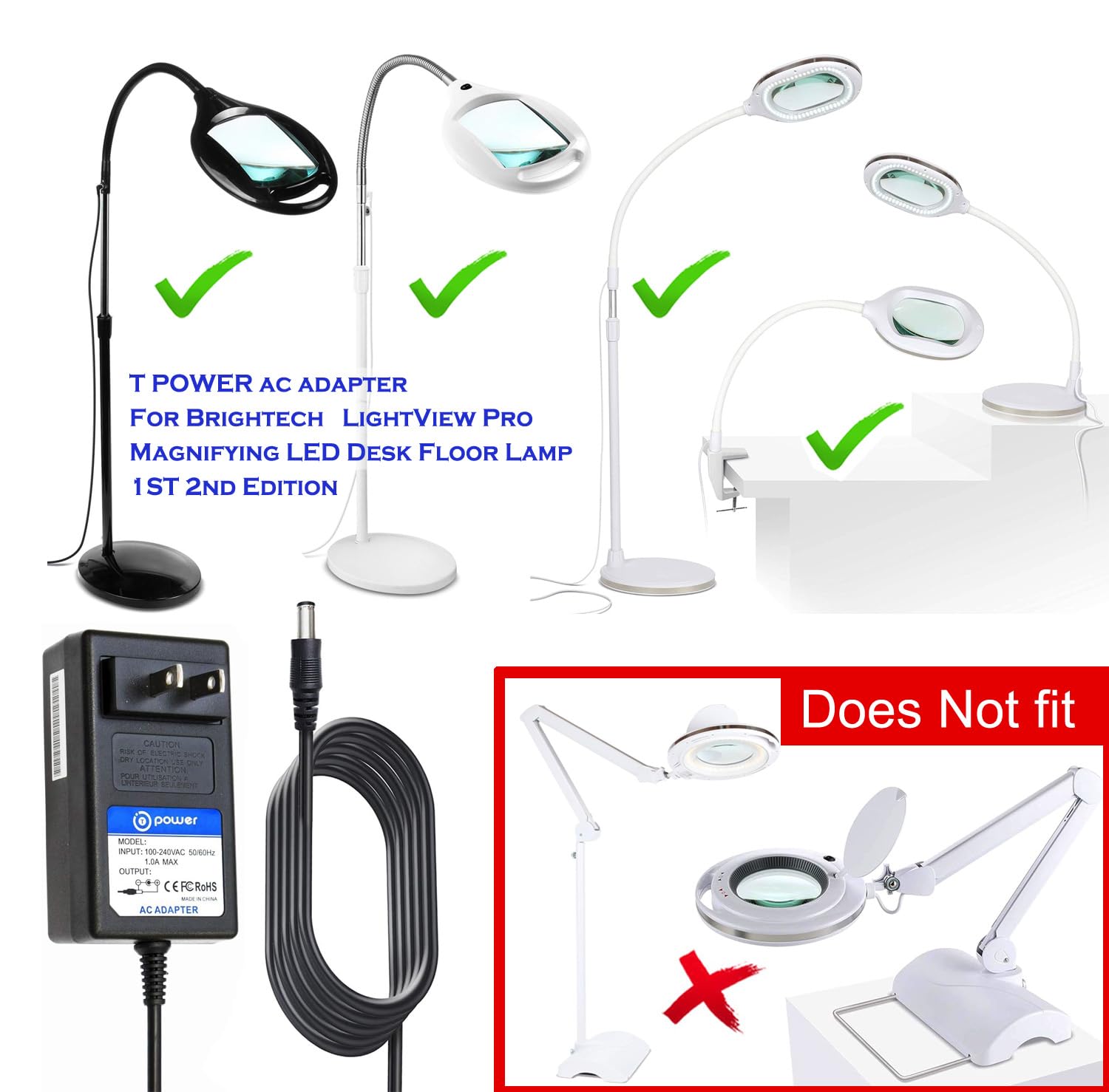 T POWER 19V Charger for Bright tech LightView PRO Superbright Magnifier Floor Lamp & Litespan Serie LED 1ST 2nd Edition Clamp Edition Reading Floor Camp Lamp 12 Watts Ac Adapter Power Supply