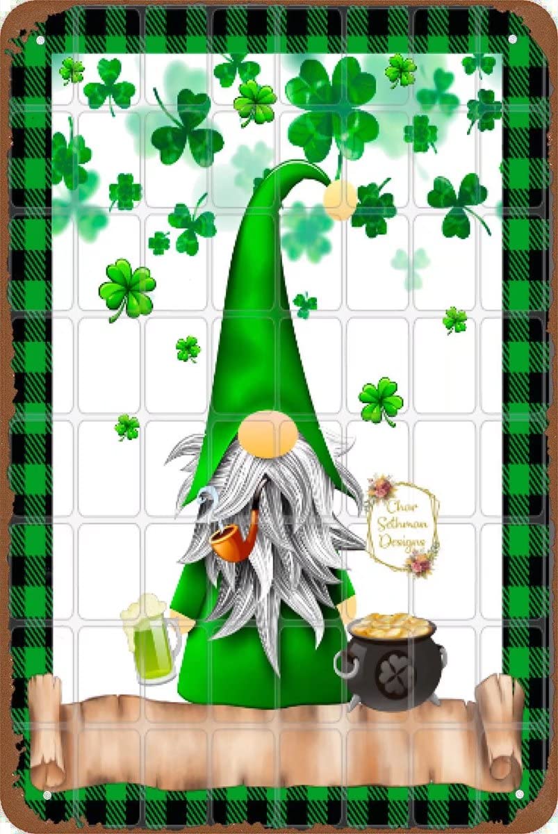 WZVZGZ Happy St. Patrick's Day Green Gnome Garden Retro Tin Sign Fun Bathroom Decoration Vertical Home Wall Decoration Birthday Anniversary Housewarming Gift Ladies Men 6x8 inches