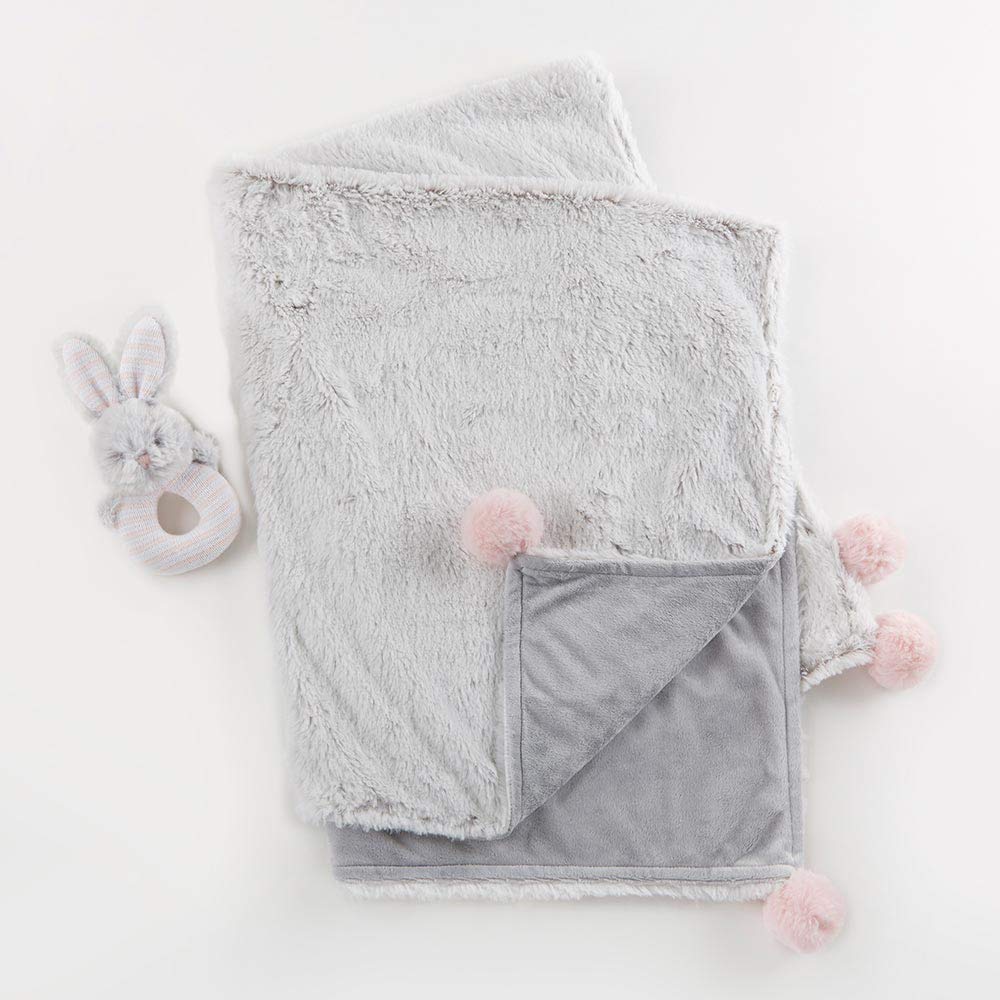 Baby Aspen Luxury Baby Blanket and Bunny Rabbit Rattle Gift Set - Pink/Light Gray/Light Pink