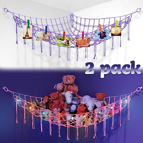 Stuffed Animal Hammock Storage with lights, 2 Pack Hanging Plush Net Hammock for Dolls, Teeniewins Wall Corner Net Holder with Dual Mode Star Light, Jumbo Toys Hammock for Nursery, Bedroom Decor