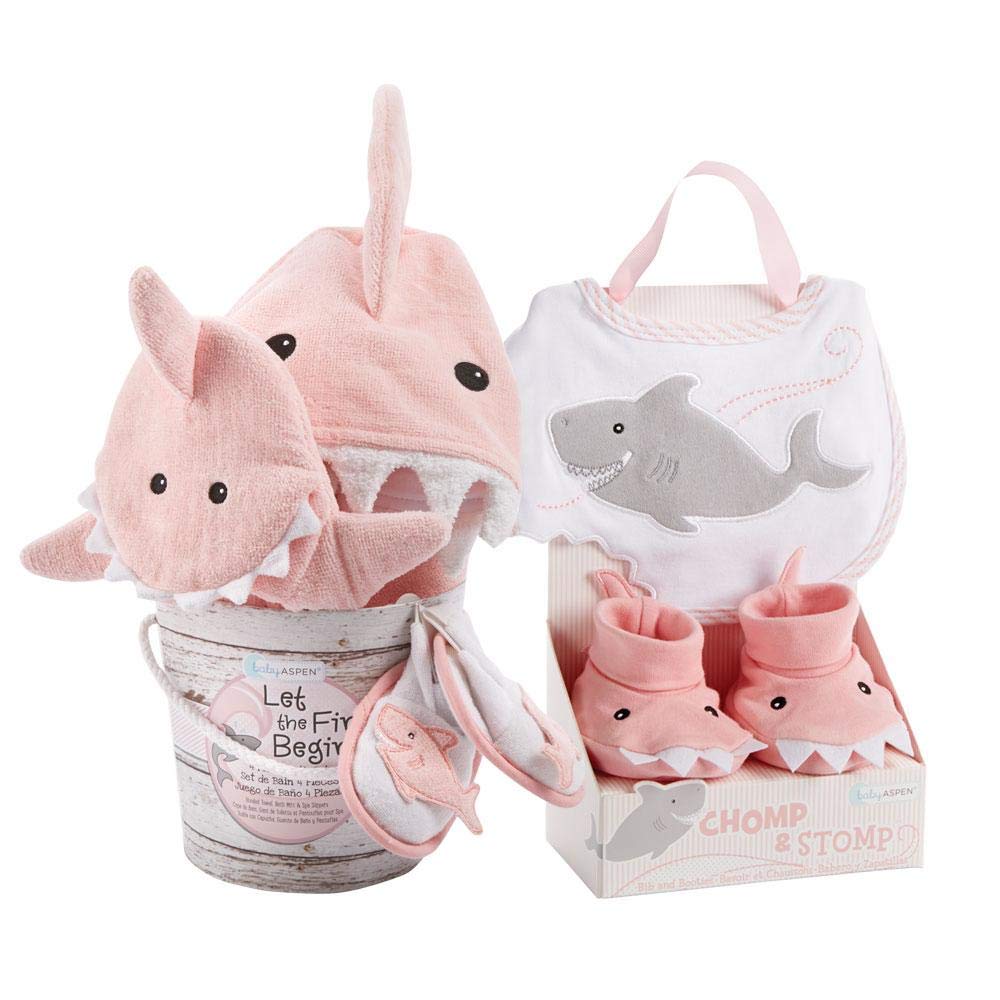 Baby Aspen Shark Baby 7 Piece Gift Set Bundle, Girl, Pink