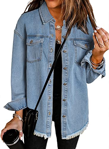 Dokotoo Women's Washed Boyfriend Oversized Lapel Button Up Long Sleeve Denim Trucker Jacket Vintage Ripped Denim Jackets Fashion Vintage Jean Jacket for Women,(US 16-18) XL,Sky Blue
