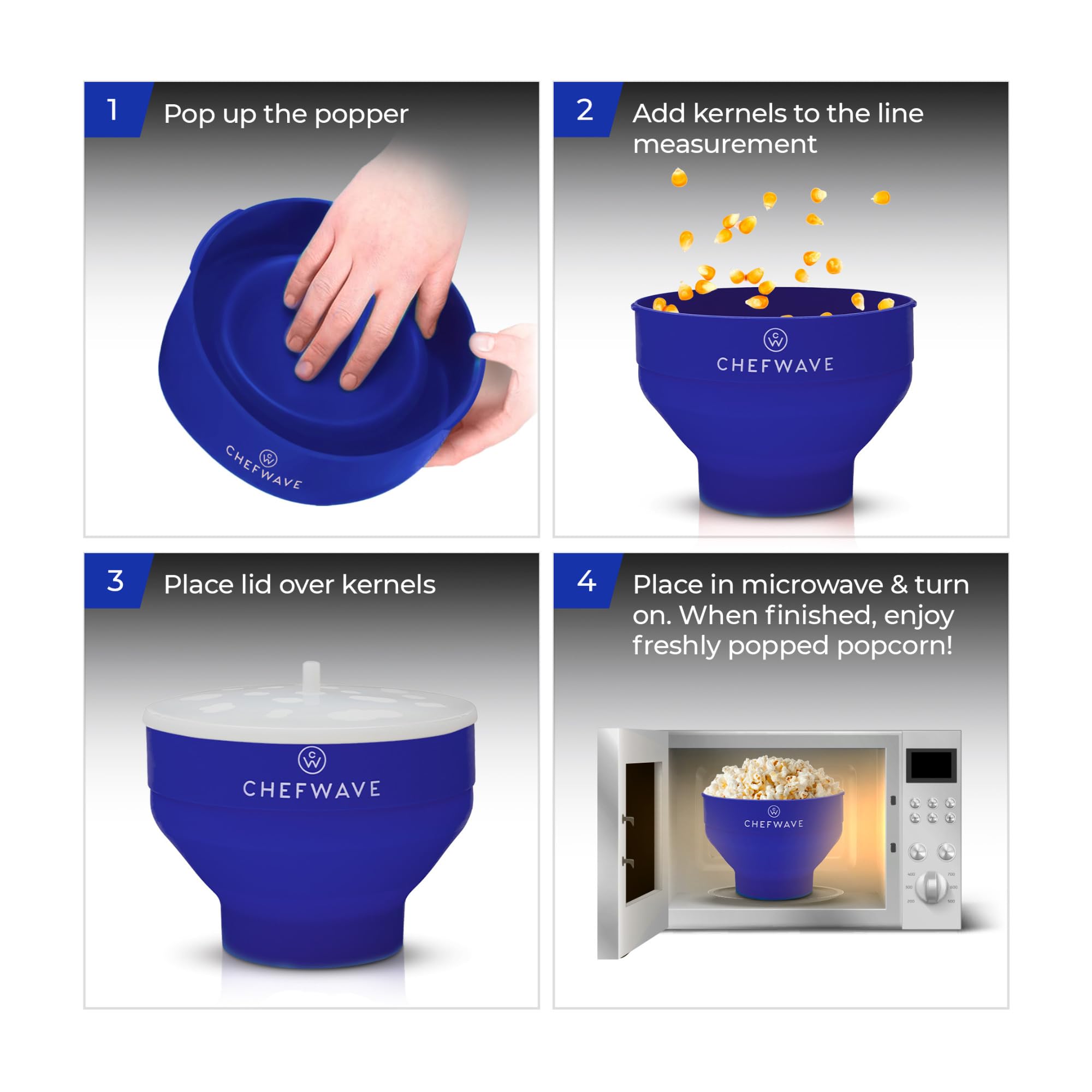 Chefwave Silicone Popcorn Popper (Dark Blue) - Reusable, Collapsible Microwave Popcorn Bowl - Dishwasher Safe