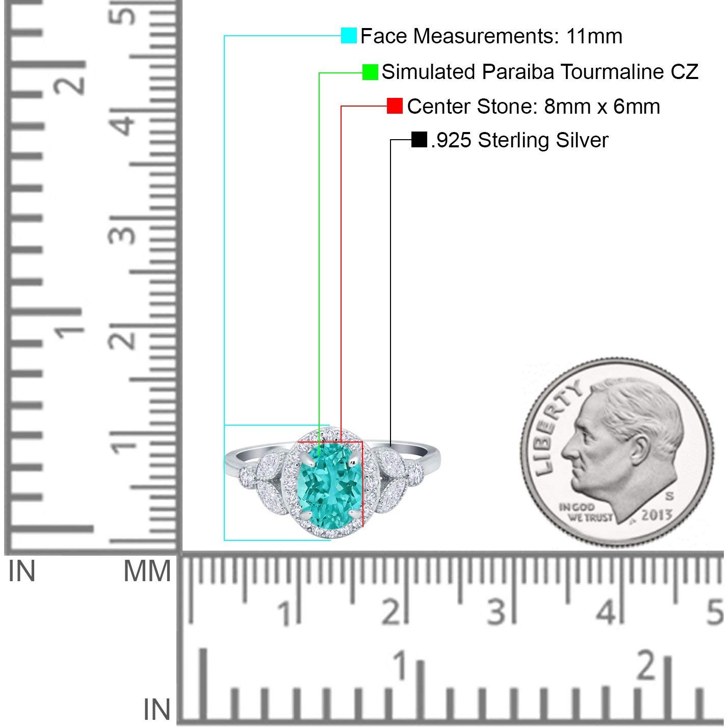Blue Apple Co. Simulated Paraiba Tourmaline CZ Size-9 Oval Art Deco Wedding Engagement Ring Halo Round Simulated Cubic Zirconia 925 Sterling Silver