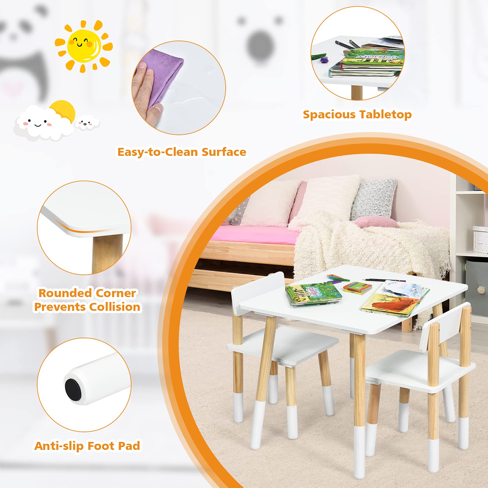 HONEY JOY Kids Table and Chair Set, Wooden Children Activity Table and 2 Chairs Set for Art, Craft & Snack Time, 3-Piece Toddler Furniture Set for Daycare & Playroom, Gift for Boys Girls (Light White)