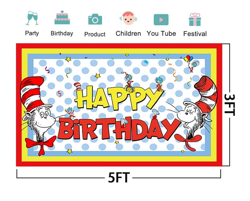 Blue Dots Backdrop Party Supplies Dr Seuss Birthday Theme Photo Background Cat in The Hat Banner for Birthday Party Caketable Decoration 5x3ft