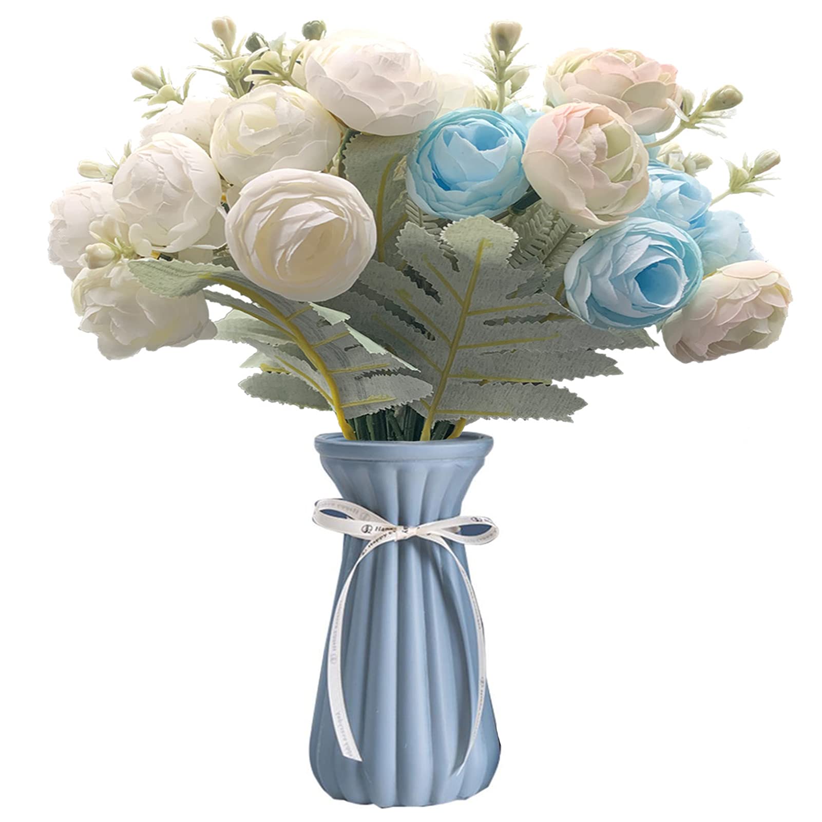 JANESOTO 2 Bundles 36 Artificial Flowers Fake Roses with Stems,Silk Bouquet Home Decorations for Office Table,Garden Party,Bridal,Bedroom,Kitchen Without Vase (White and Blue)