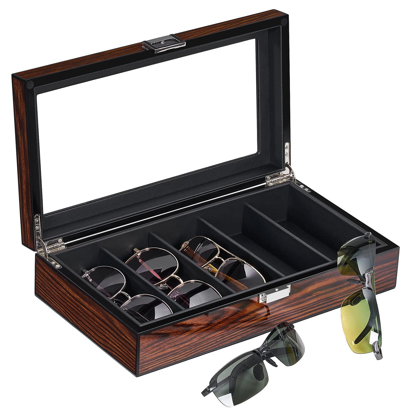BEWISHOME Sunglass Organizer for Women Men, 5 Slot Sunglasses Case Organizer, Eyeglasses Storage Box with Clear Glass Top, Smooth Faux Leather Interior, Brown SSH05Y