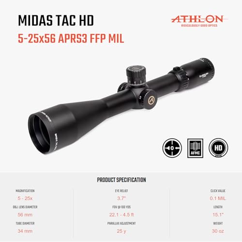 Athlon Optics Midas TAC 5-25x56 Riflescope - APRS3 FFP MIL, Black