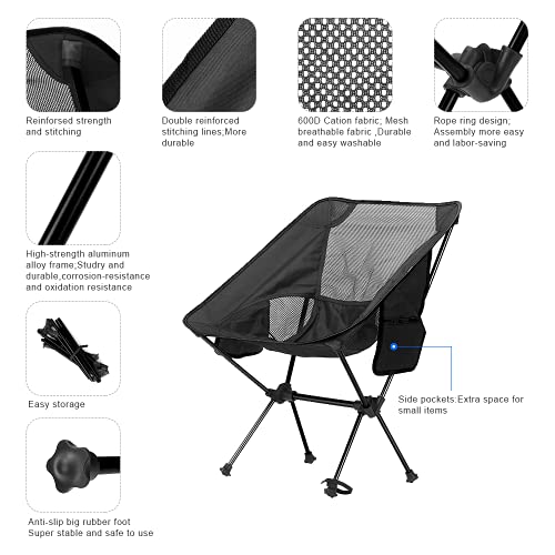 Portable Folding Camping Chairs,Ultralight Backpacking Chair for Adults for Beach,Outdoors,Hiking (Black)