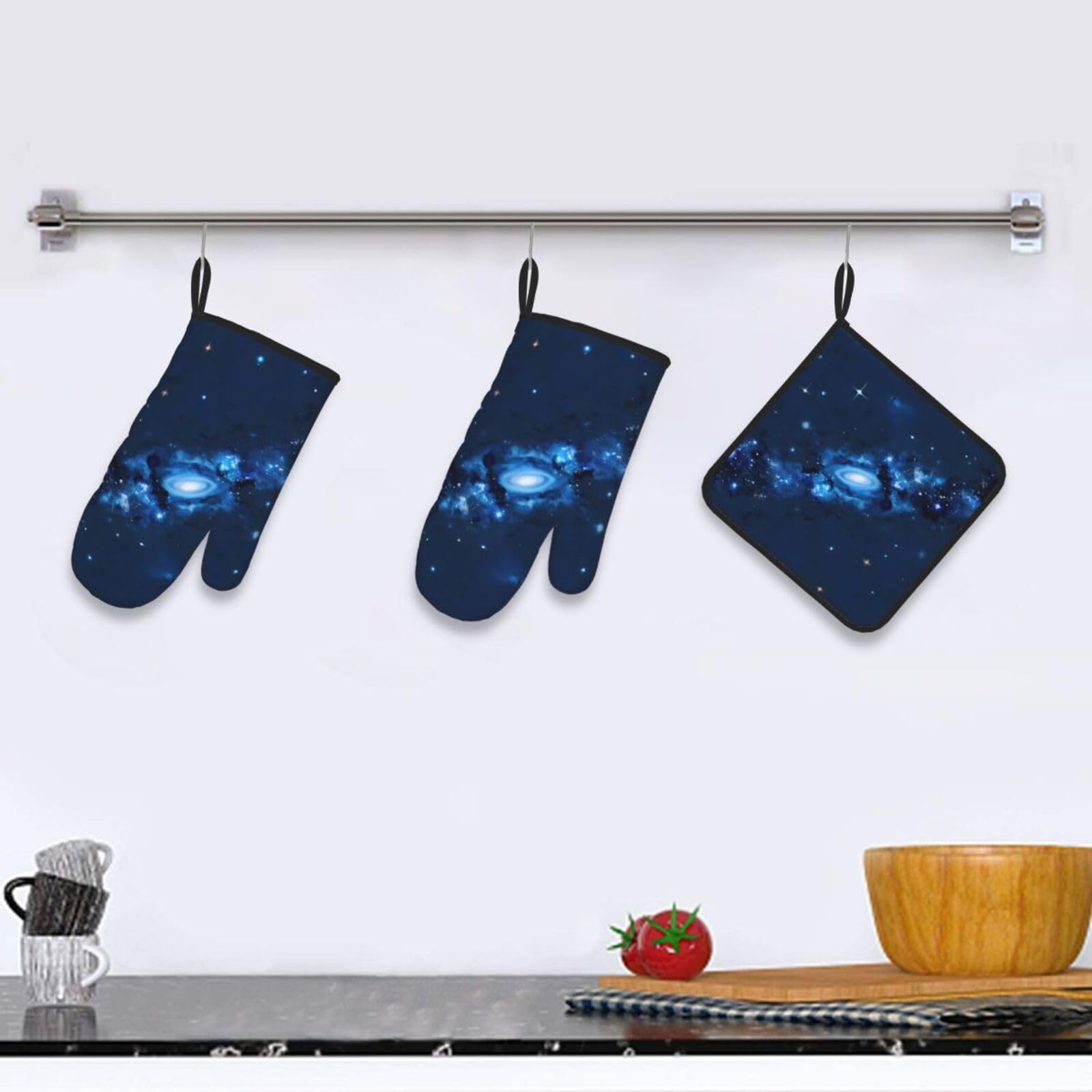 Blue Galaxy Pattern Oven Mitts and Pot Holders Set–Ultimate Heat Resistant Set for Kitchen and Dining