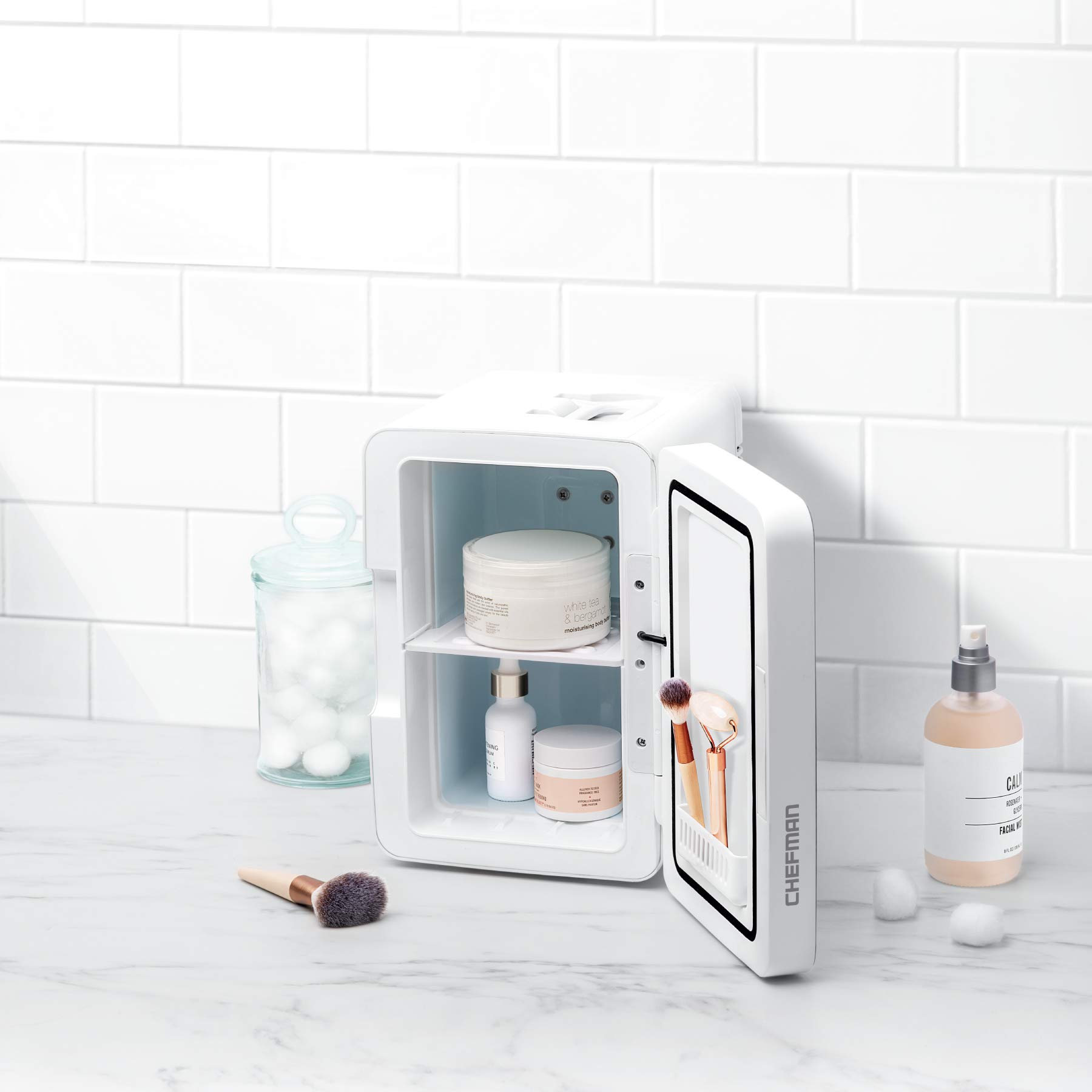 Chefman - Iceman Mirrored Beauty Fridge With LED Lighting, 6L Portable White Mini Refrigerator, Skin Care, Makeup Storage, Chill Cosmetics & Face Masks, Small For Desktop Or Travel, Cool & Heat