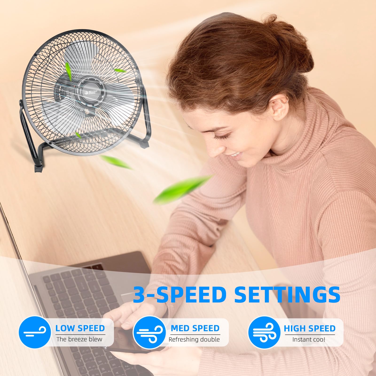 BEYOND BREEZE 9 inch Floor Fan, 3-Speed Small All Metal Cradle Floor Fans with Adjustable Tilt for Desk, Tabletop, Office