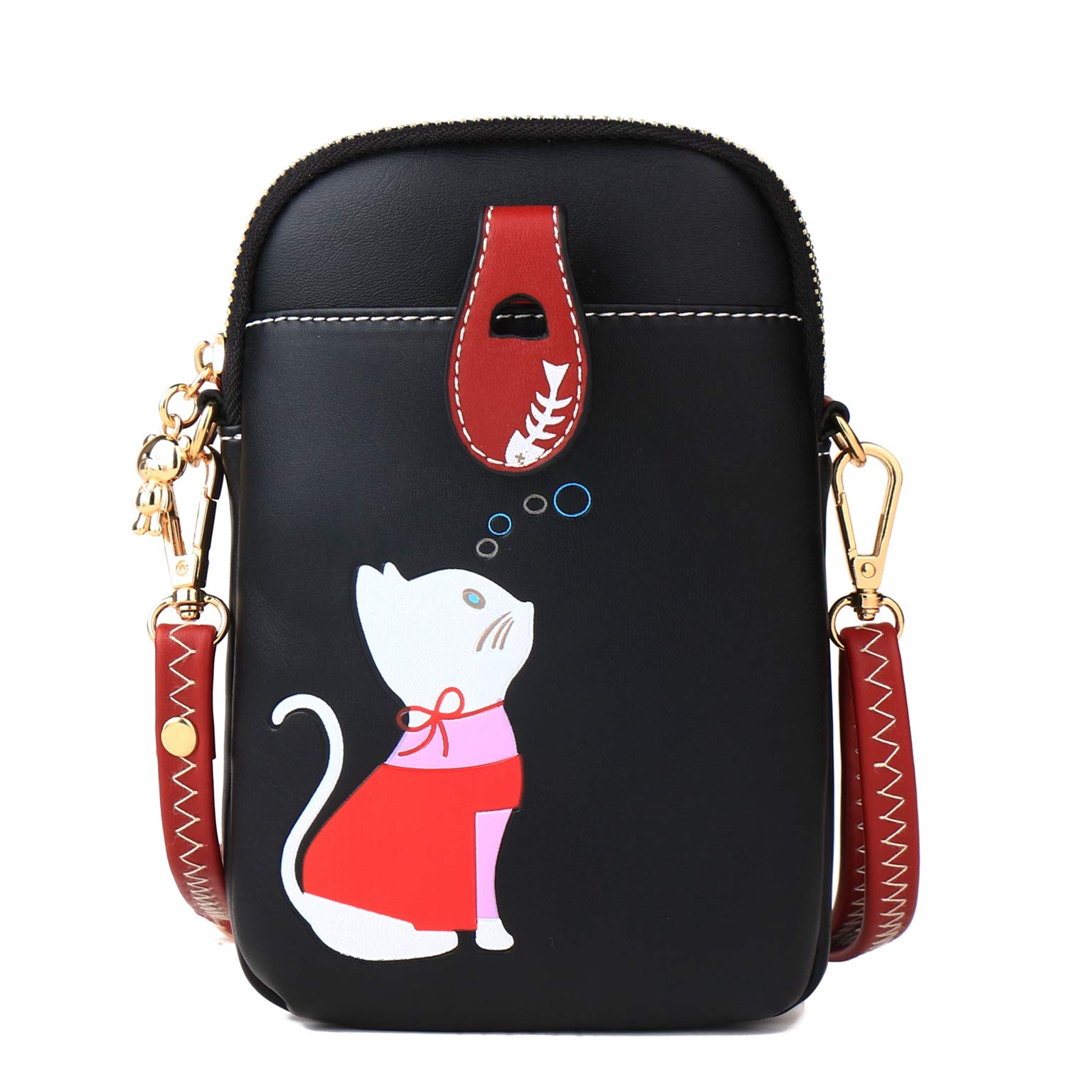 Small Crossbody Phone Bag for Women Leather Cute Cat Cellphone Purse Shoulder Bags PU Wallet (Black)