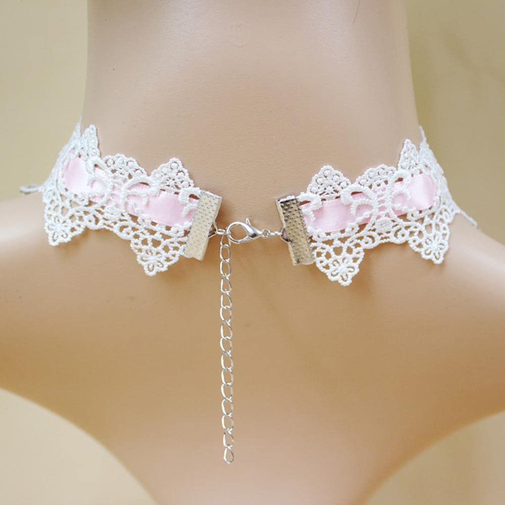Chargances Gothic Halloween Pink Pearl Lace Necklace for Women Lolita Halloween Decorations Party Accessory