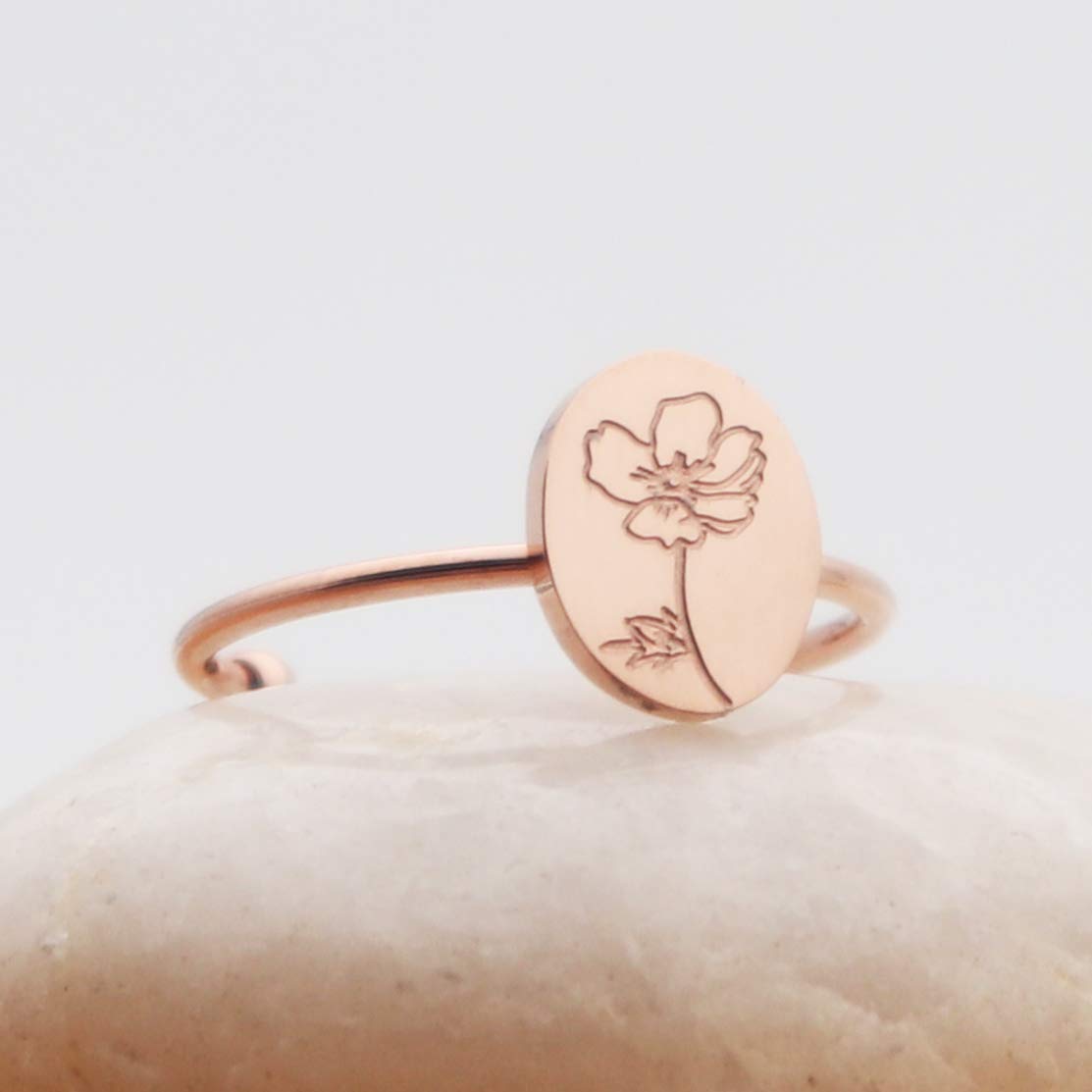 Ankiyabe Birth Flower Ring Stainless Steel Adjustable Ring Statement Oval Ring Engraved Floral Stacking Ring Birthday Gift for Her (Poppy-August)