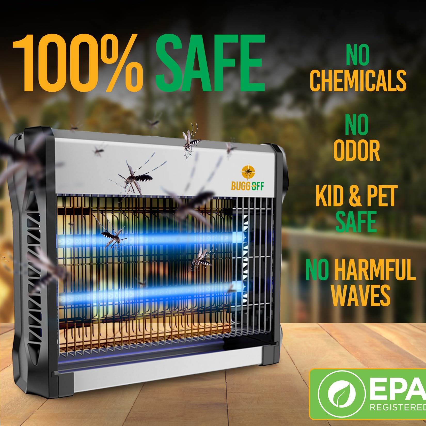 BUGG OFF Indoor Electric Bug Zapper, 800 SQFT Coverage, 3500 Volts of Stunning Power, 20 Watts, Kills Mosquitos Gnats, Flys & More. 5 Year Warranty, X2 Free Repalcment Bulb