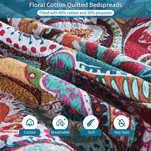 Qucover Quilt Sets Queen, 3-Piece Multicolor Paisley Cotton Queen Bedspread Quilt with 2 Pillow Shams, Patchwork Coverlet Set (Queen 90x98)