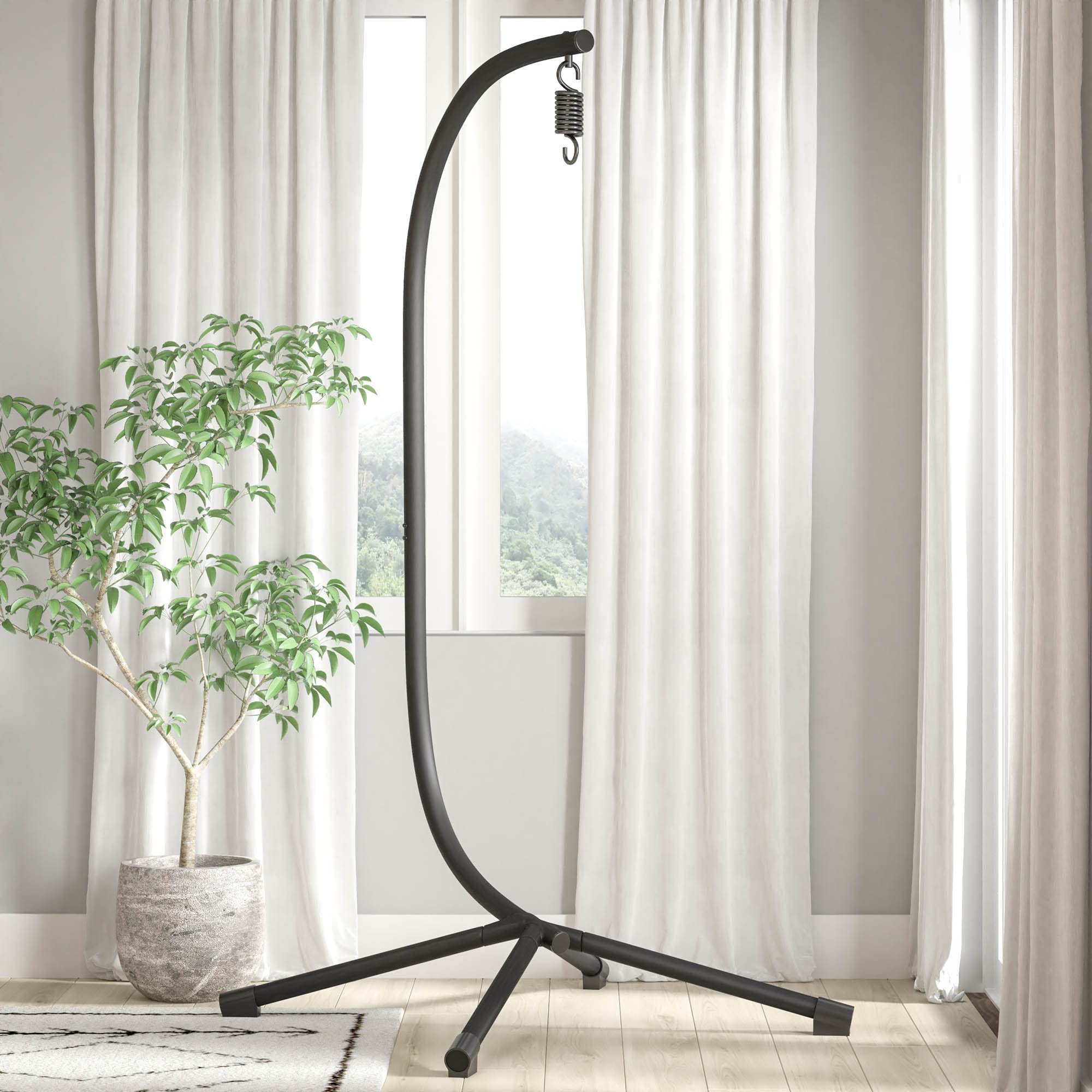Flash Furniture Harvo Commercial All-Weather Hanging Hammock Chair C-Stand - Black Heavy Duty Steel Offset Base - Included Hardware - 360 Degree Rotation