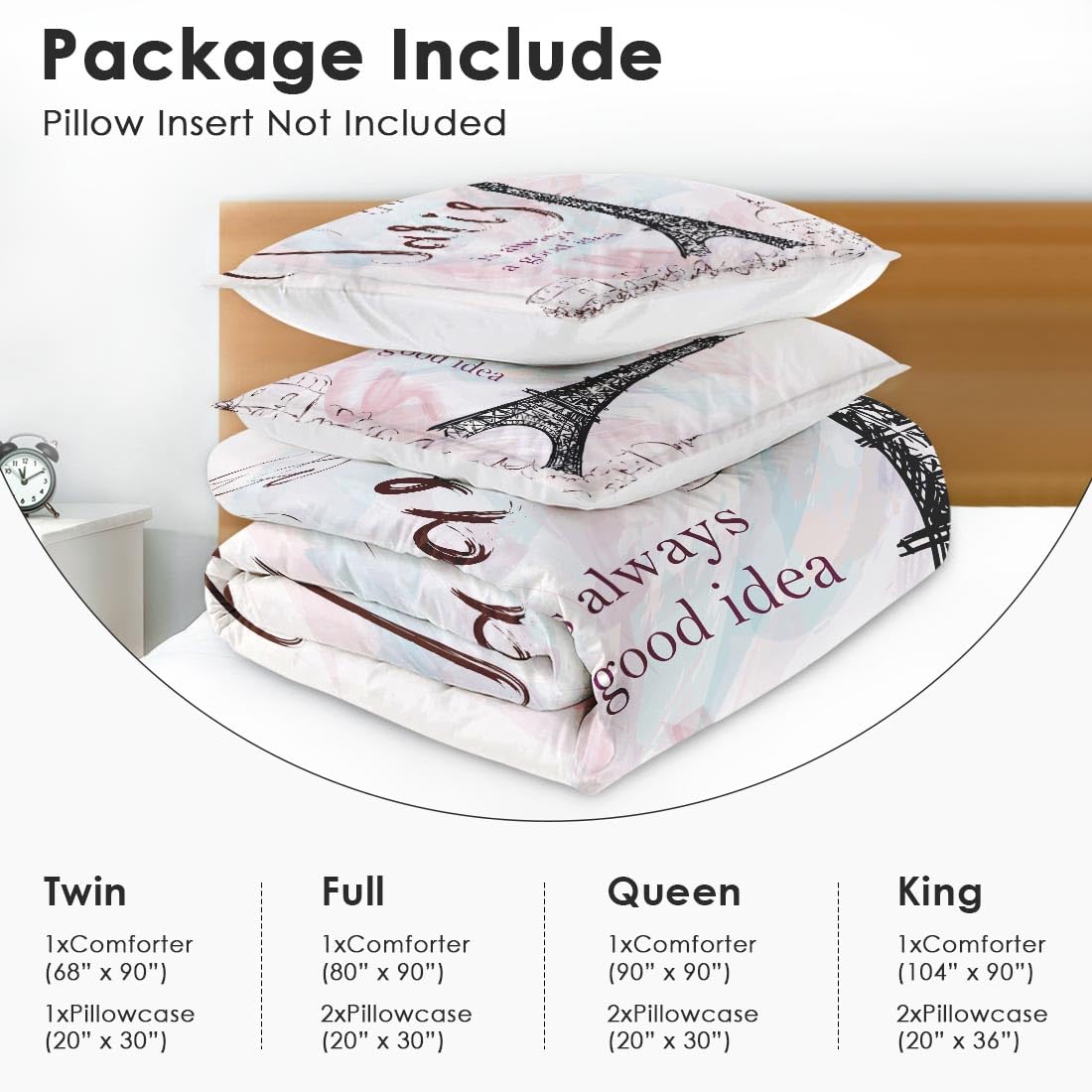Nesphy Pink Paris Comforter Set for Boy Girl Children Teens Twin, Modern French Style Romantic Theme Bedding Sets Water Washed Microfiber Bedding with 1 Comforter 1 Pillowcase All Season