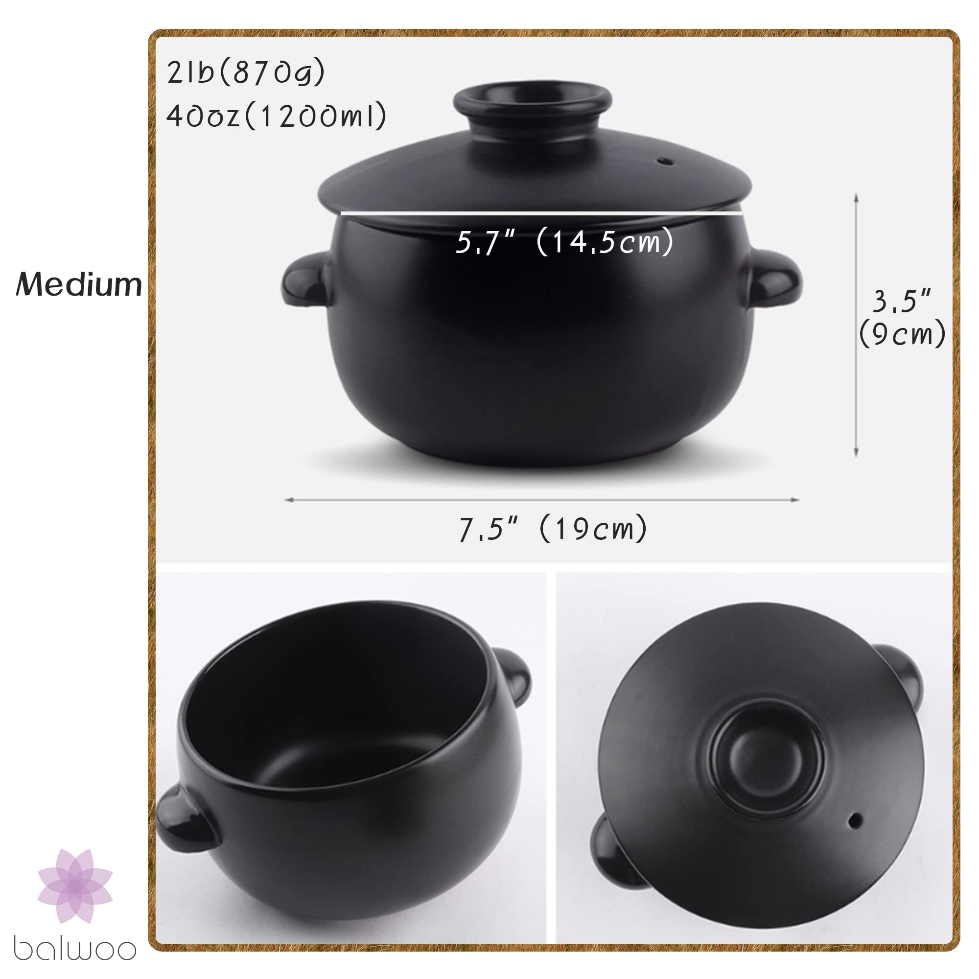 BALWOO Korean Earthenware Pot Ttukbaegi, Ceramic Clay Cooking Pot Petalite Casserole, Heat Resistant Ceramic Pot, Zero-Crack Stone Bowl Stockpot Soup Cookware (Medium)