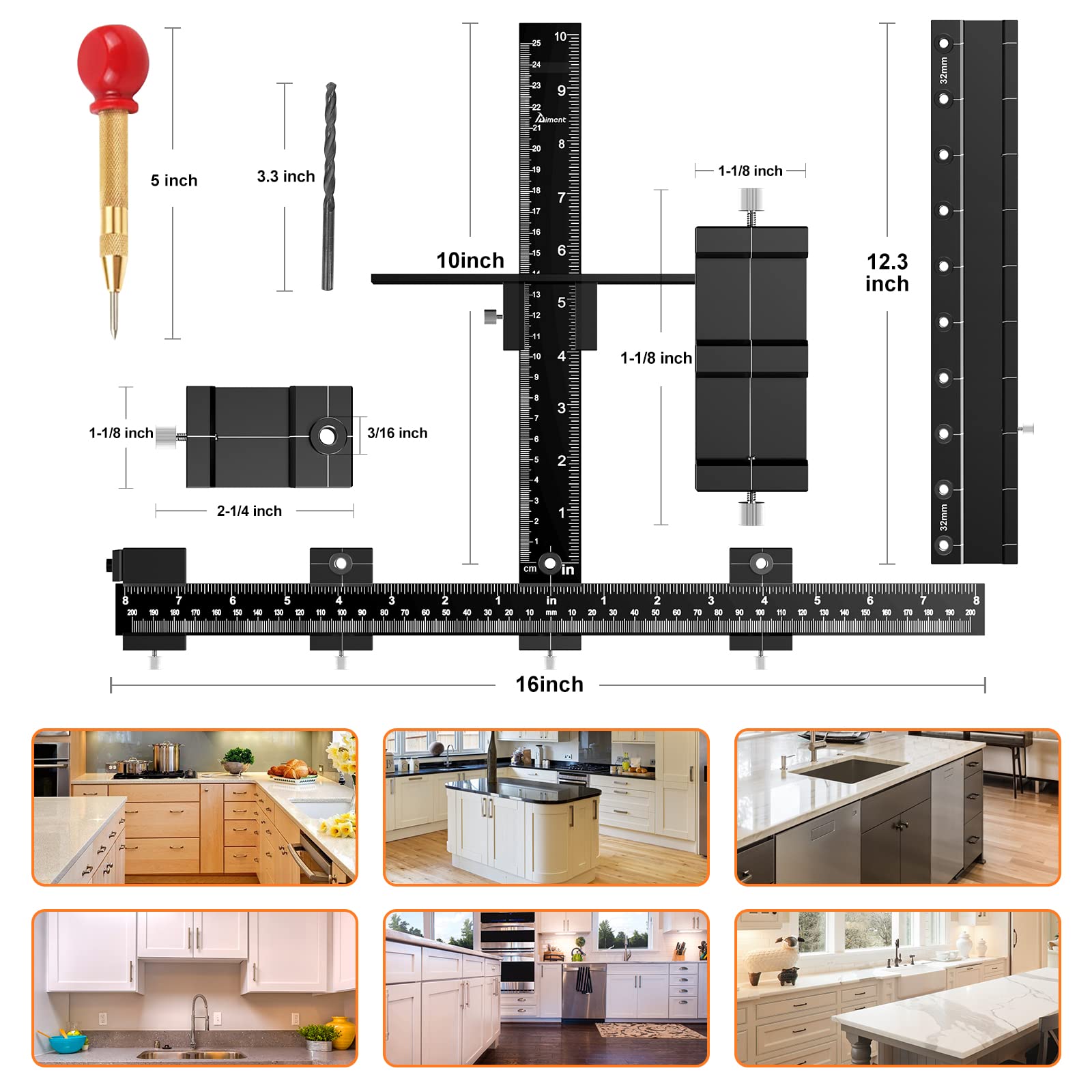 Cabinet Hardware Jig Tool, Aiment All Aluminum Pull Jig with Extensions for Oversized Handles, Adjustable Punch Locator Drill Template Guide for Door & Drawer Front Knobs, Pulls and Shelf Pin Holes