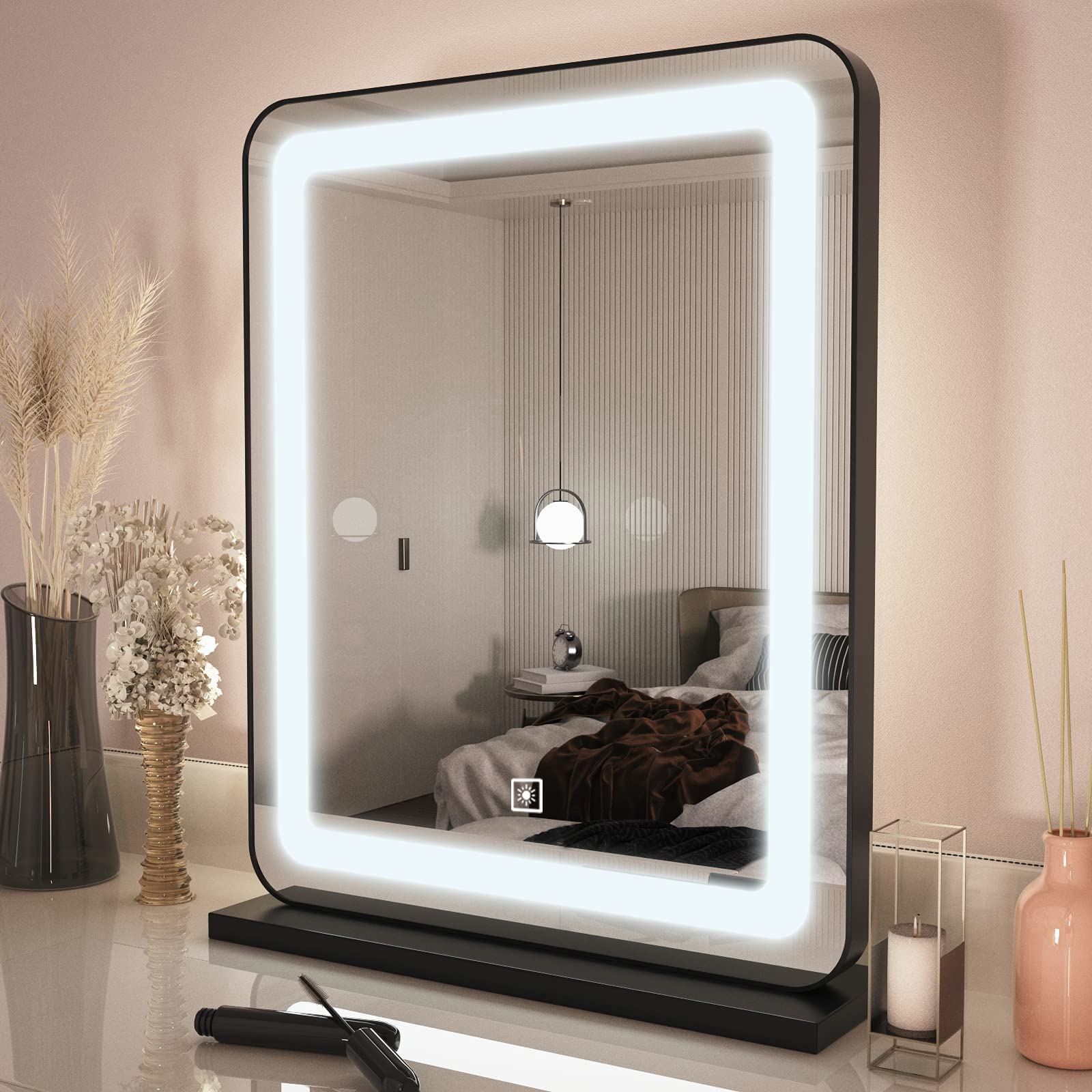 BARMI Vanity Mirror with Lights,18"x22" Lighting Dimmable LED Mirror, 3 Color Lighting Modes, Tabletop Vanity Makeup Mirror Smart Touch Control (Black)