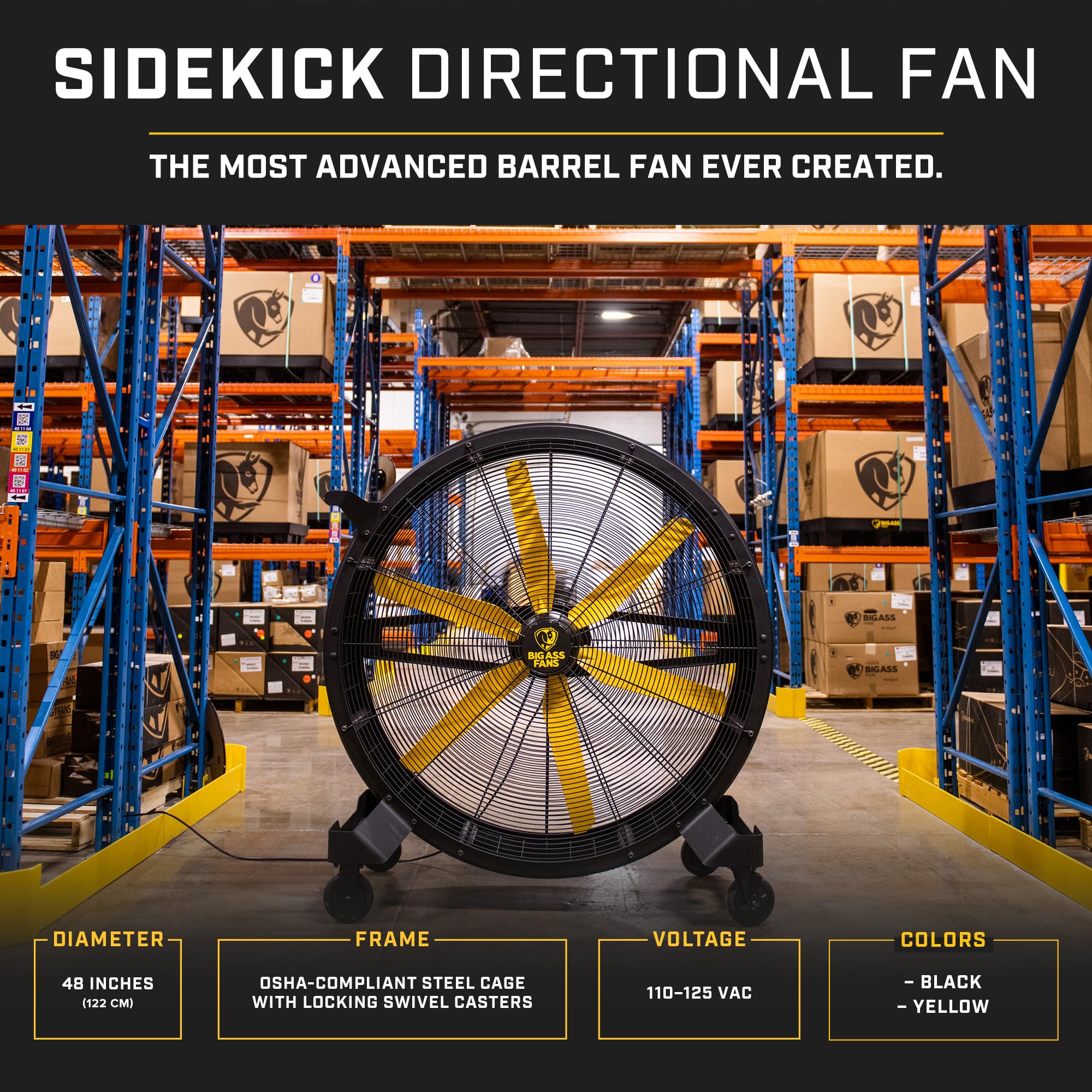 Big Ass Fans – Sidekick Directional Barrel Fan – 4 Ft Diameter – 6 Blade Design with Variable Speed Control – Indoor & Covered Outdoor Ready – Quiet Performance - Black/Yellow
