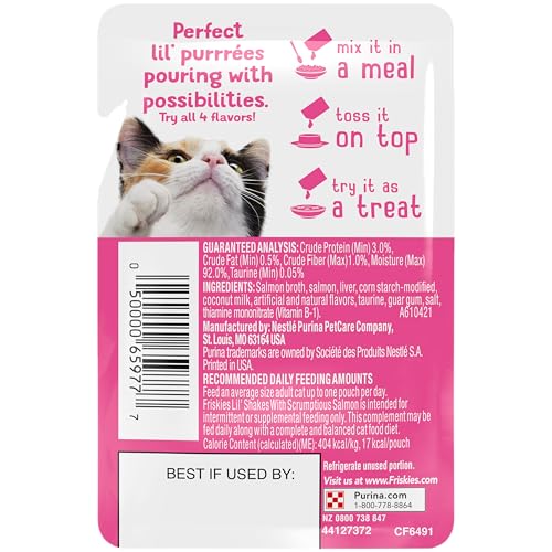 Purina Friskies Pureed Cat Food Topper, Lil’ Shakes With Scrumptious Salmon Lickable Cat Treats - (Pack of 16) 1.55 oz. Pouches