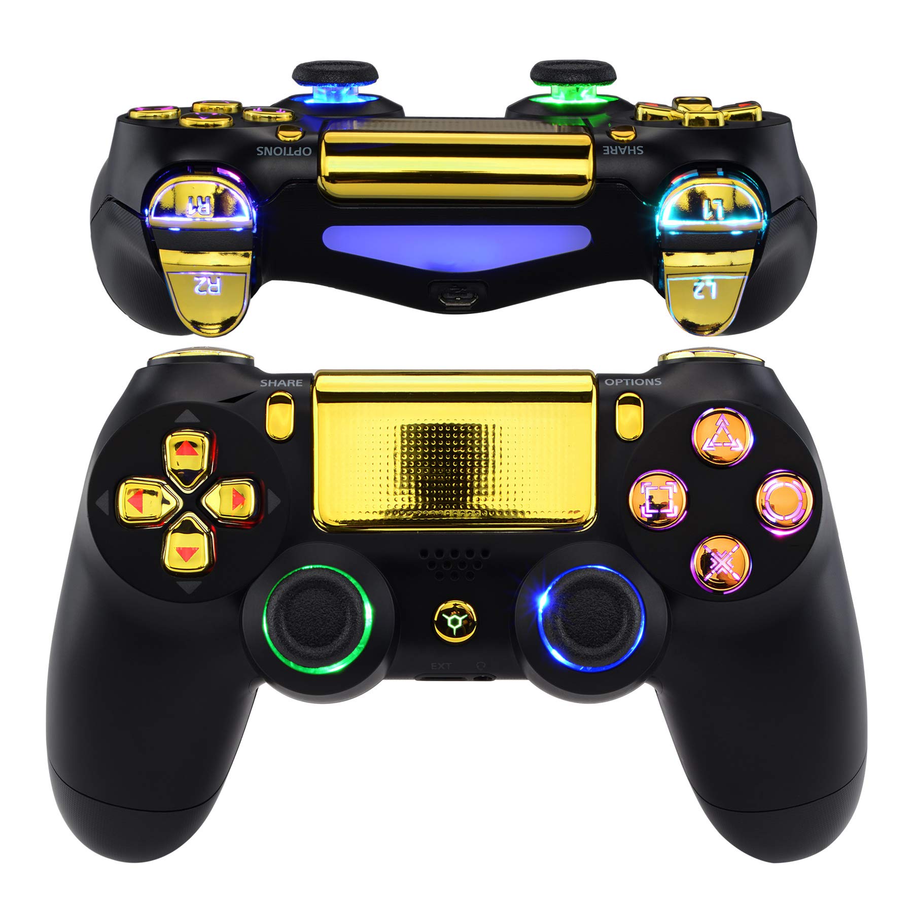 eXtremeRate 7 Colors 9 Modes Button Control DTFS (DTF 2.0) LED Kit, Chrome Gold Classical Symbols Multi-Colors Luminated D-pad Thumbsticks Face Buttons for PS4 Controller - Controller NOT Included