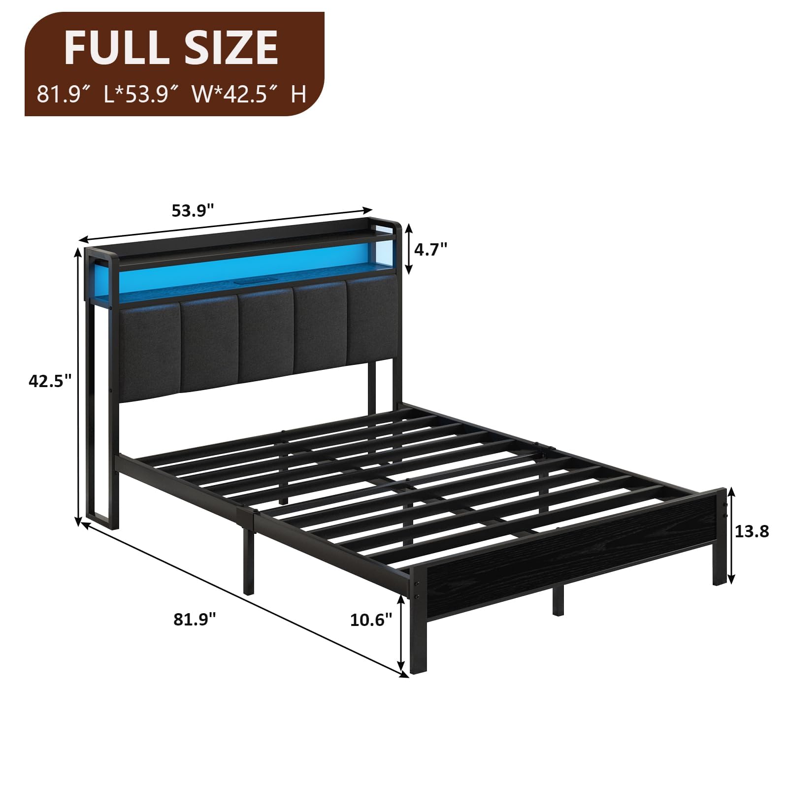 CHABUILDREARK Full Size Bed Frame with Storage Headboard, Upholstered Platform Bed with Charging Station and LED Lights, Heavy Duty Metal Slats, No Box Spring Need, Easy Assembly, Dark Grey