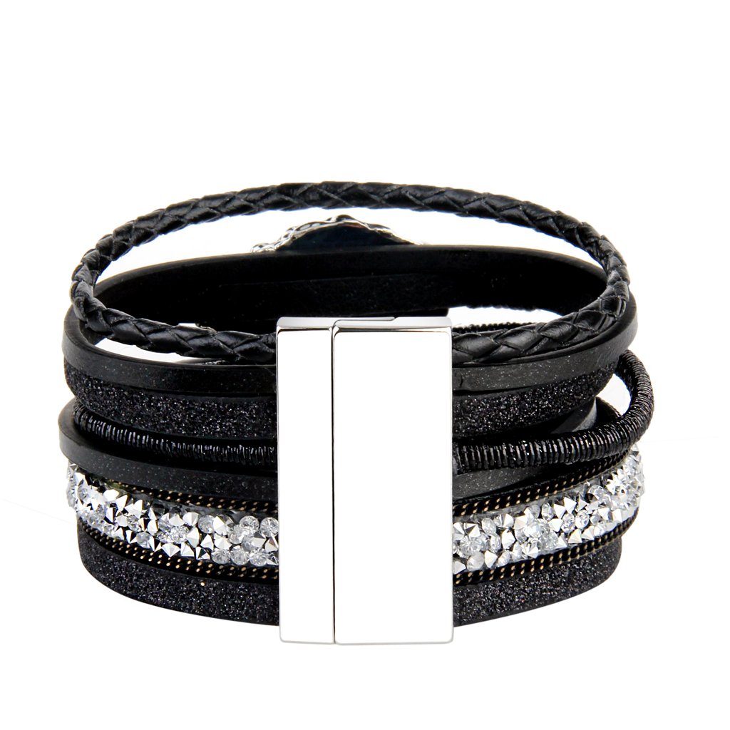 AZORA Leather Cuff Bracelet Multi Rope Wrap Bangle with Pearl Metallic Heart Cuffs Bracelets for Women (Black-cuff bangle bracelets)