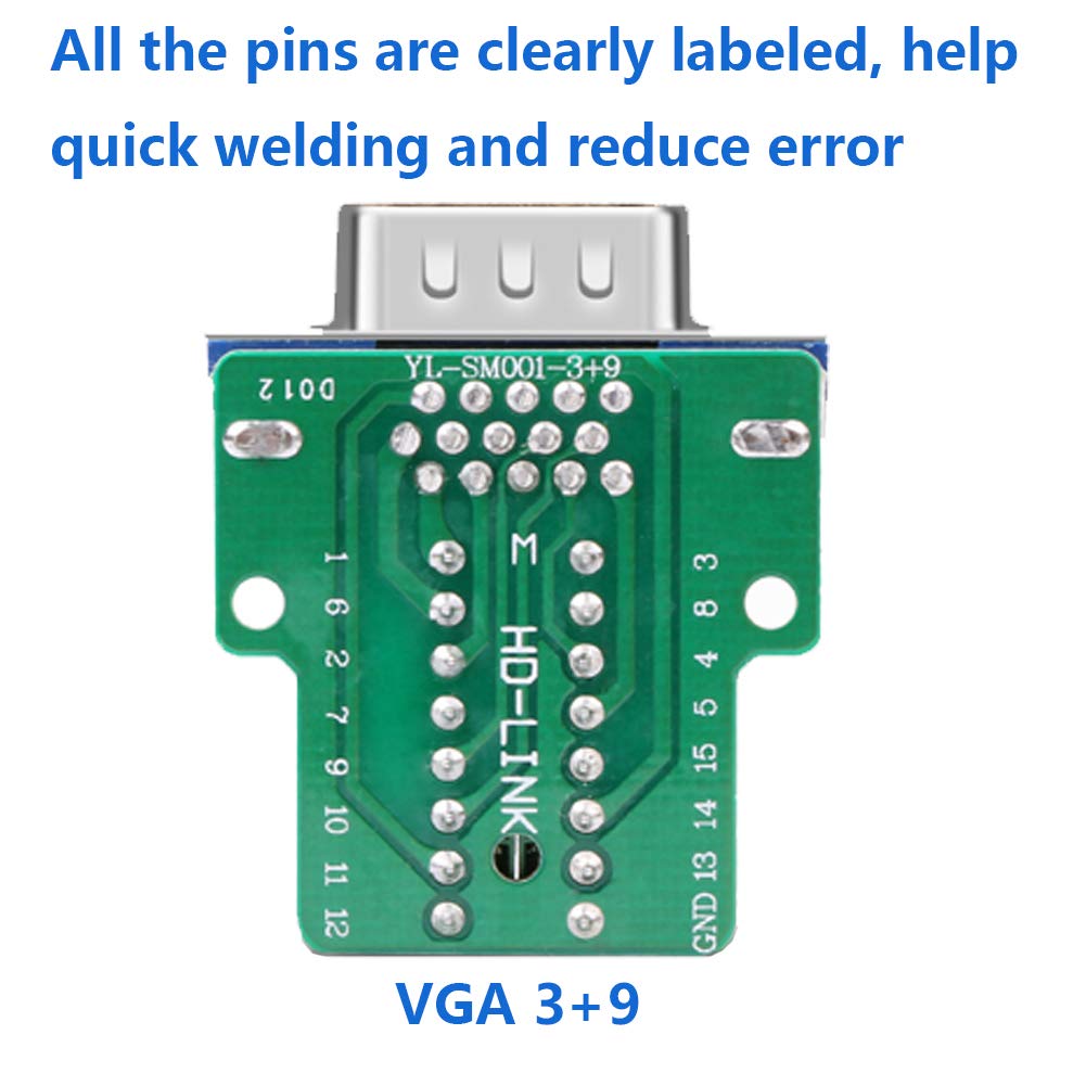 Jienk 4Packs VGA DB15 3 Row Solderless Male/Female Quick Connector, 3+9 D-SUB 15 Pin Port Terminal Solderfree Breakout Connector Board with Case Accessories Long Bolts