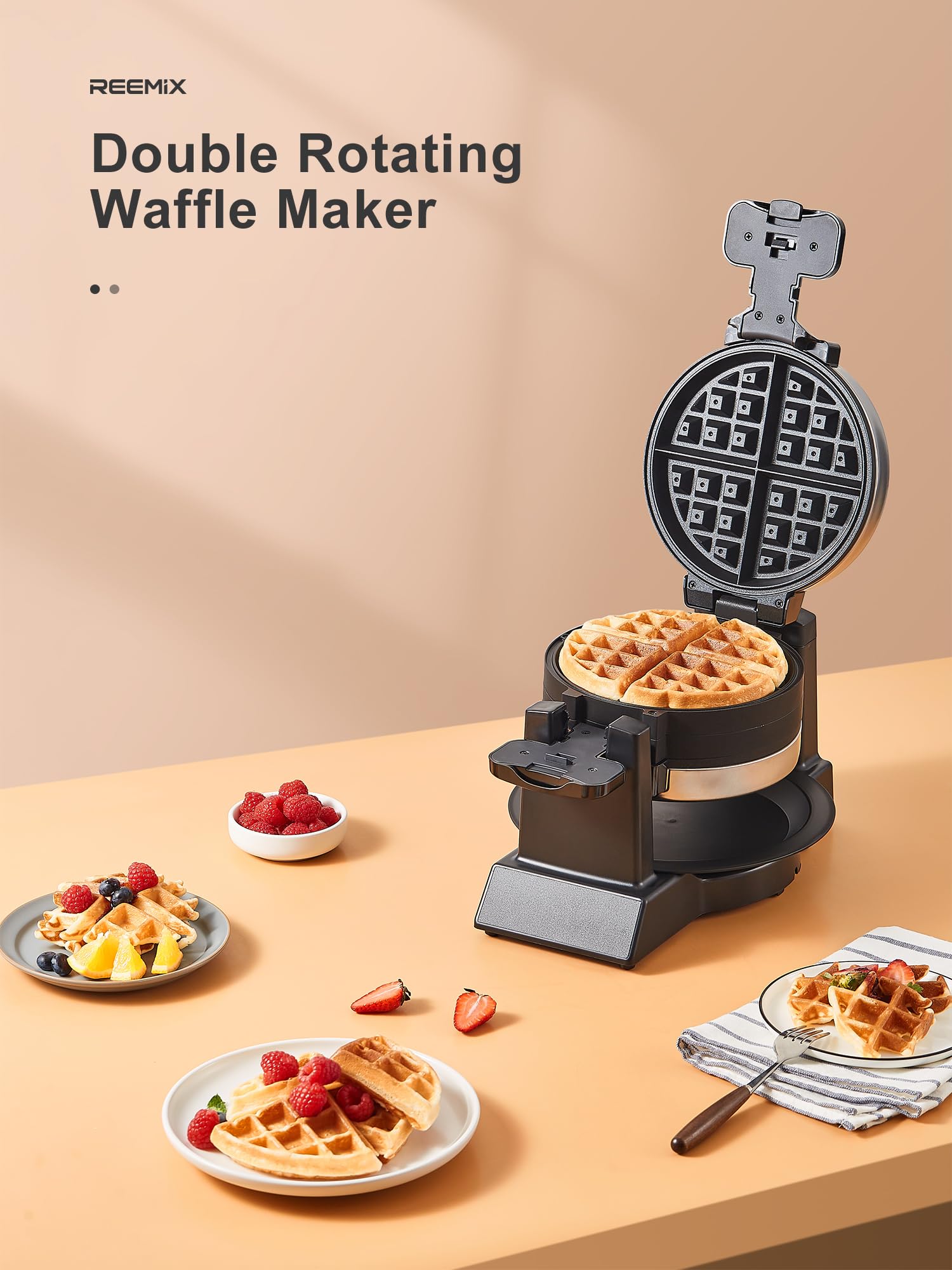 Classic Waffle Iron, Double Belgian Waffle Maker 180°Flip, 1400W Waffle Iron 8 Slices, Rotating & Nonstick Plates with Removable Drip Tray, Cool Touch Handles, Stainless Steel (8 Slices)
