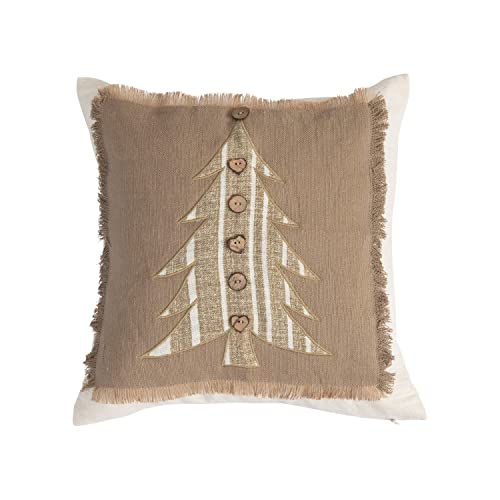 Creative Co-Op Jute and Cotton Pillow with Embroidered Christmas Tree