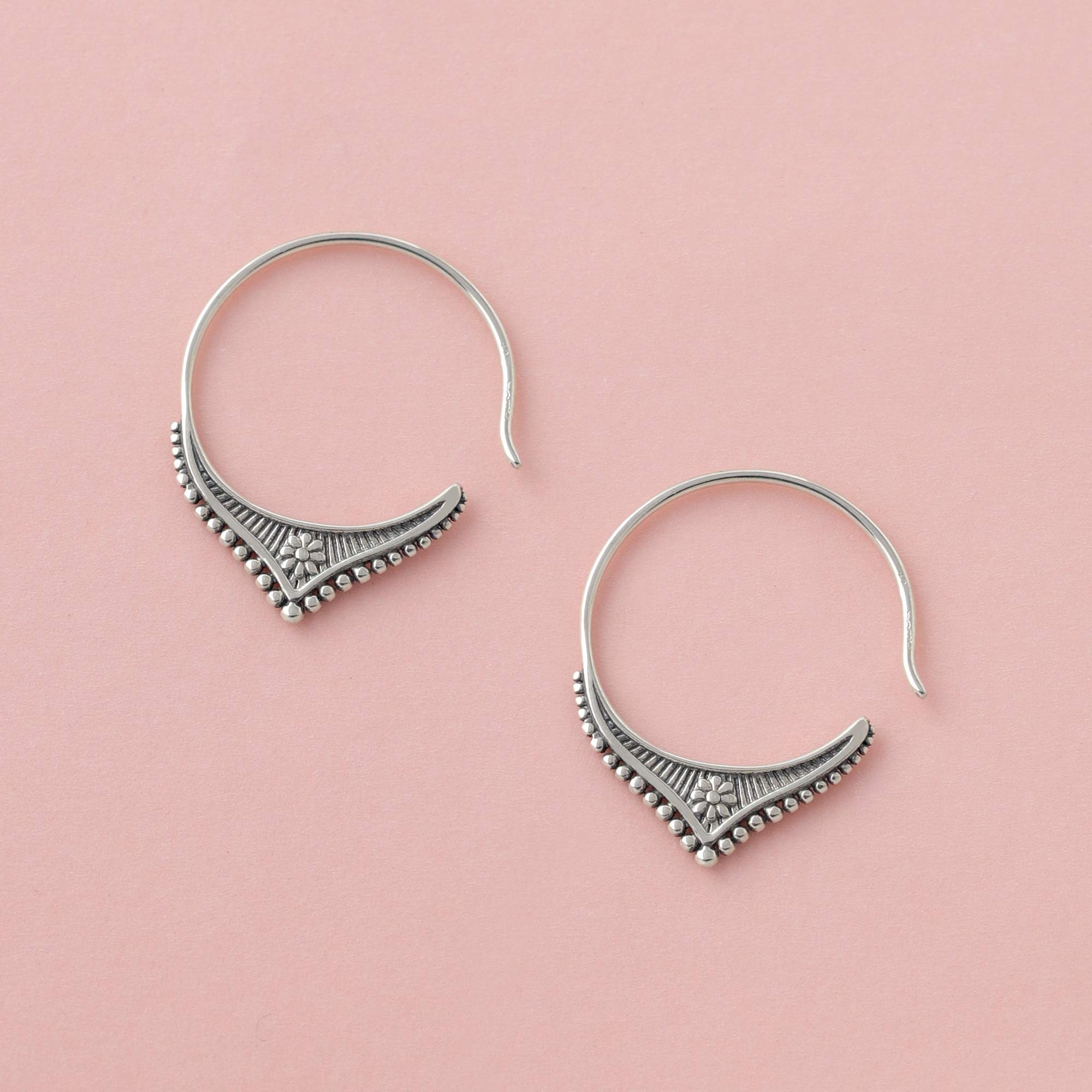 Boma Jewelry Sterling Silver Bali Style Boho Flower Pull Through Hoop Earrings