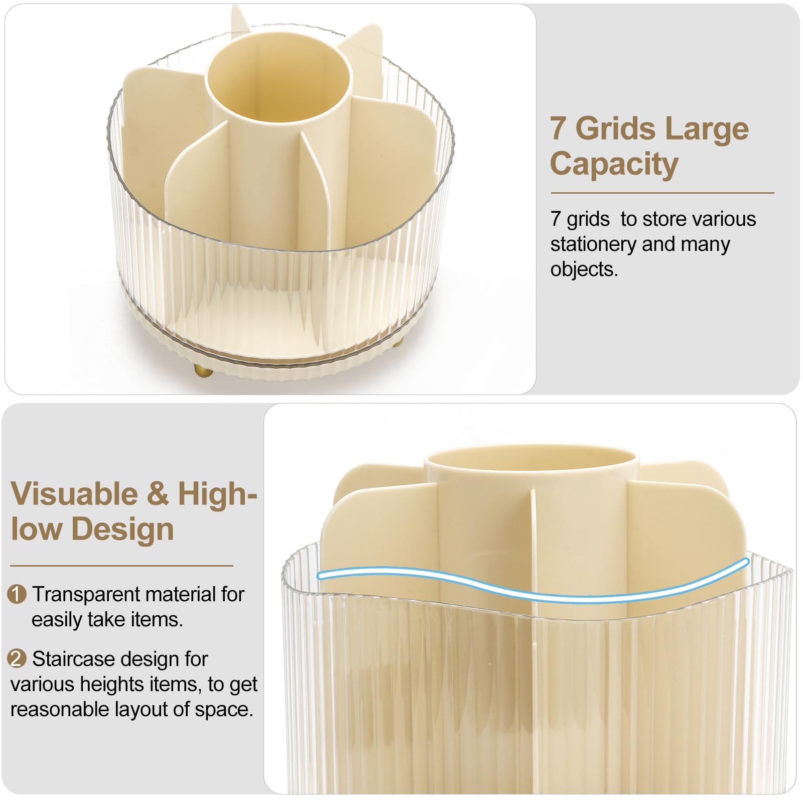 EPKAOZEY Rotating Pen Holder Desk Organizer, 7 Grids 360° Pencil Holder Rotatable Desktop Organizer, Removable Makeup Holder Large Capacity, Holds Pencils, Crayons and All Kinds of Stationery, Makeup Brushes, Small House Items (White)