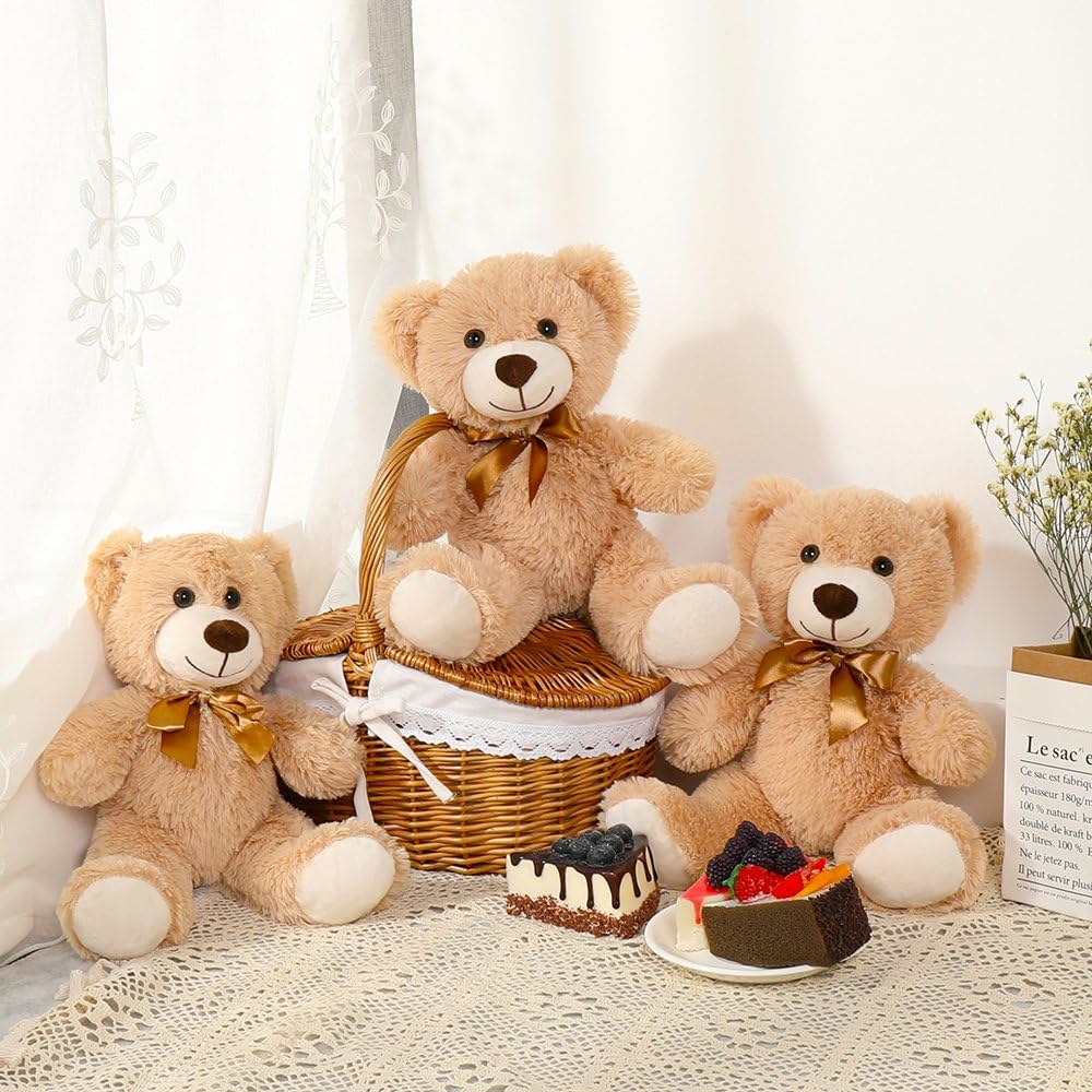 MorisMos 3 Packs Teddy Bears Bulk Stuffed Animals, Cute Small Plush Toys, Little Bear for Kids on Centerpiece Baby Shower, 14 Inches, Brown