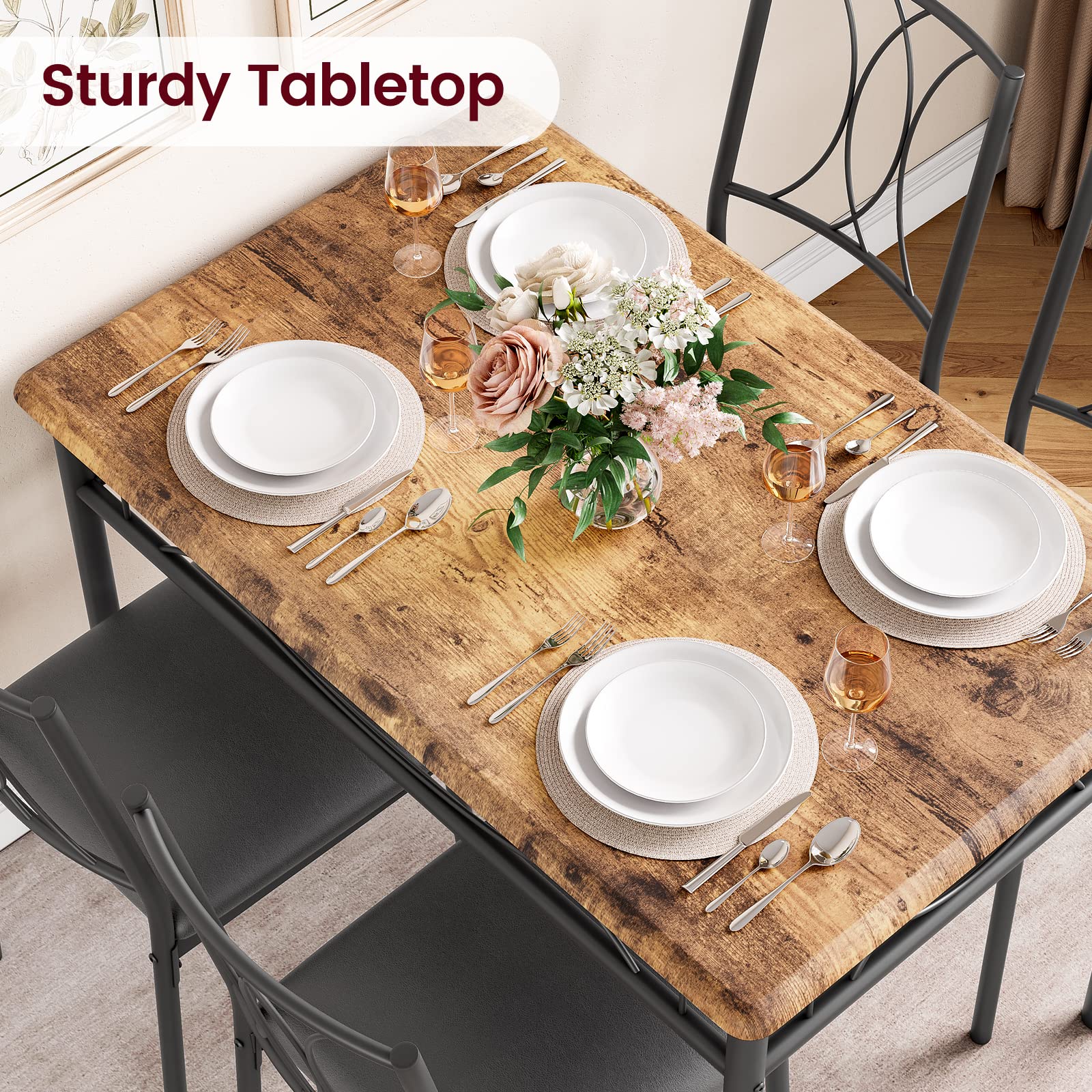 CABIHOME Dining Table Set, 5 Piece Dining Table Set for 4, Rectangle Kitchen Table Set with 4 Upholstered Chairs, Dining Table Set for Small Space, Apartment, Retro Brown