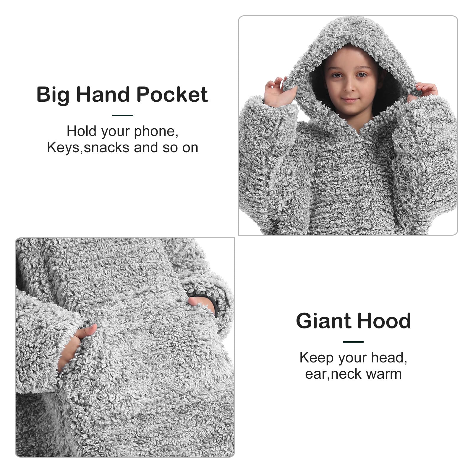 Cozy Sherpa Wearable Blanket Hoodie with Sleeves for Kids Gift Idea,Hooded Snuggle Blanket,Oversized Blanket Sweatshirt,Super Warm Light Weight, Black