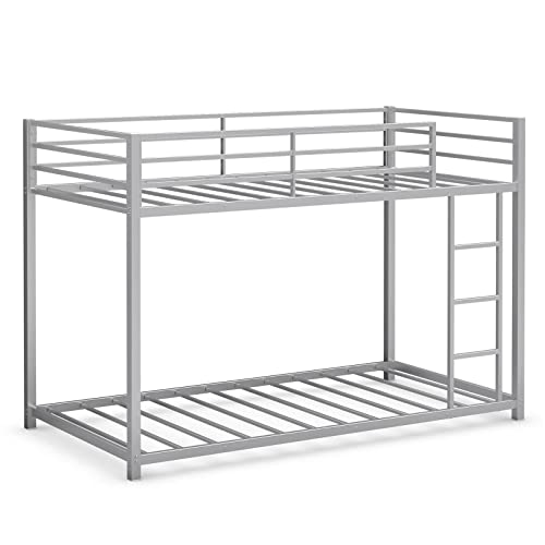 DORTALA Bunk Bed Twin Over Twin, Twin Bunk Beds w/Guardrail & Ladder, Metal Bunk Bed for Dormitory & Multiple-Child Family, Twin Bunk Beds for Toddler, Kids, Silver