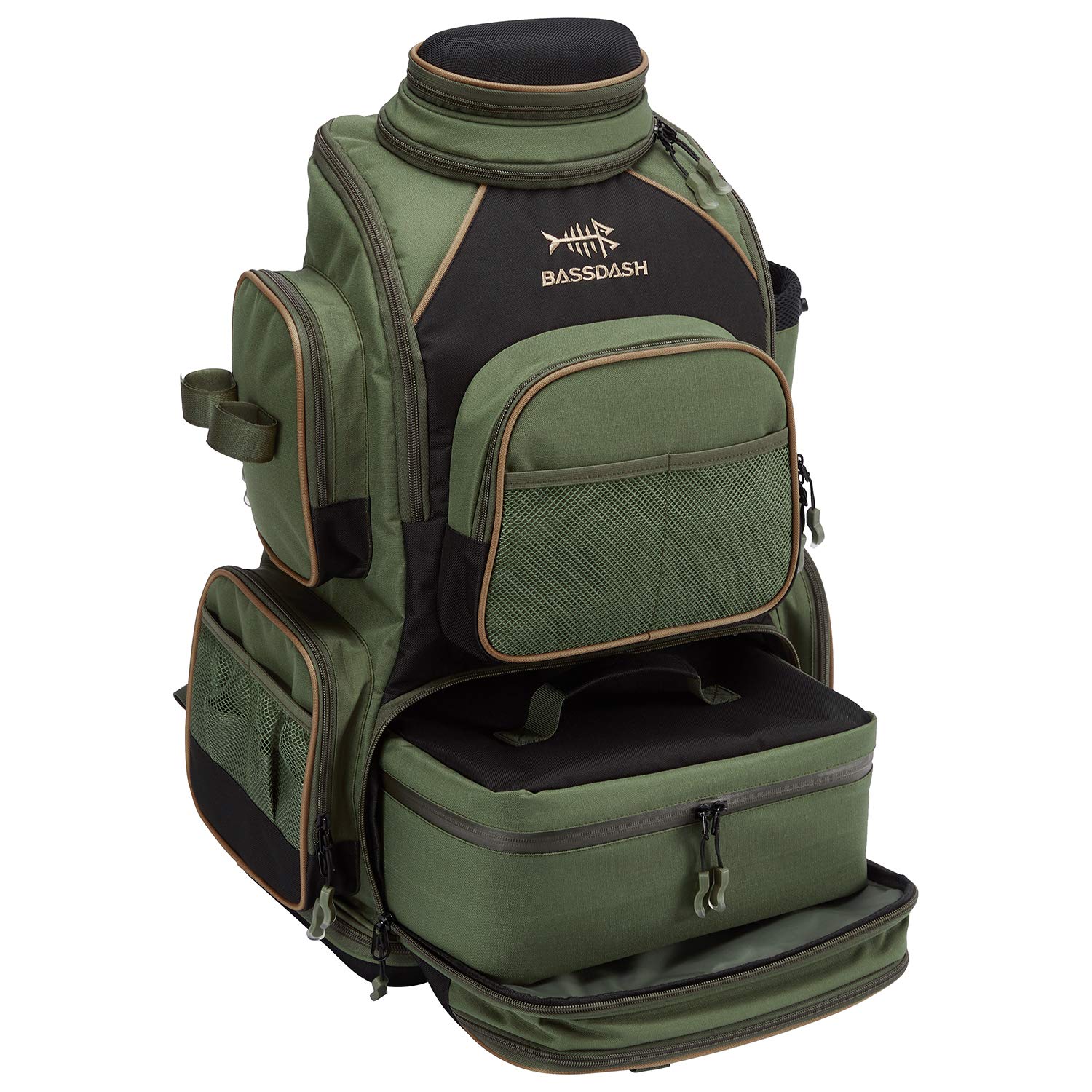 BASSDASH Fishing Tackle Backpack Water Resistant Lightweight Tactical Bag Soft Tackle Box with Rod Holder and Protective Rain Cover