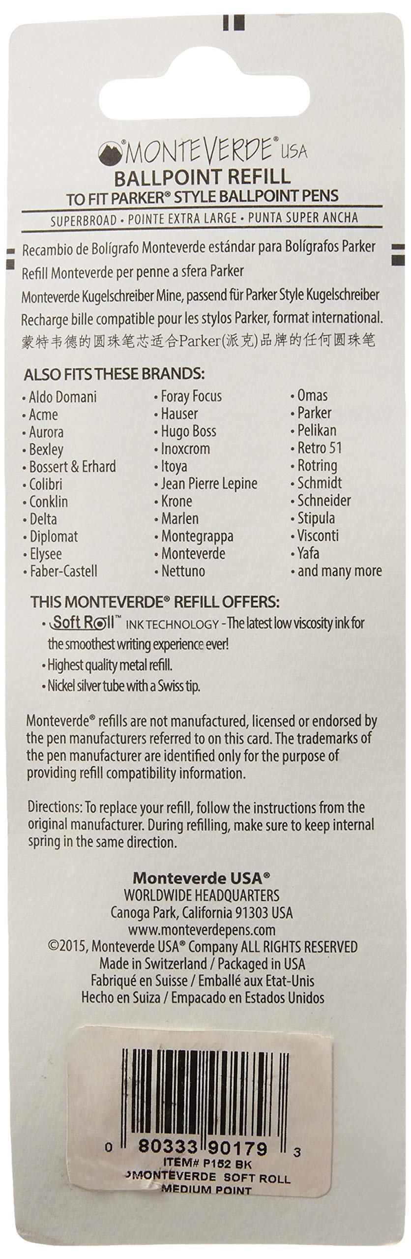 Monteverde Ballpoint Refill to Fit Parker Ballpoint Pens, Super Broad Point, Soft Roll, Black, 2 per Pack (P152BK)