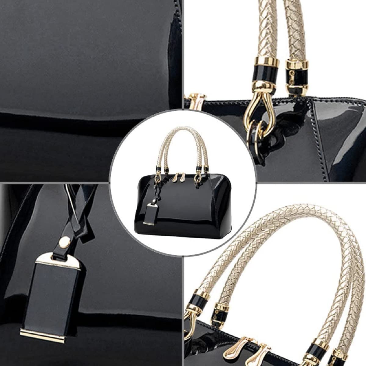 XingChen Shiny Patent Women Faux Leather Handbags Crossbody Bag Top Handle Purse Satchel Bag Shoulder Bag(Black)
