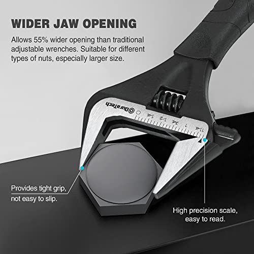 DURATECH 8-Inch Adjustable Wrench, Wide Jaw Opening Black Oxide Finish Plumbing Wrench, CR-V Steel, SAE and Metric Scale Marked, Ergonomic Grip
