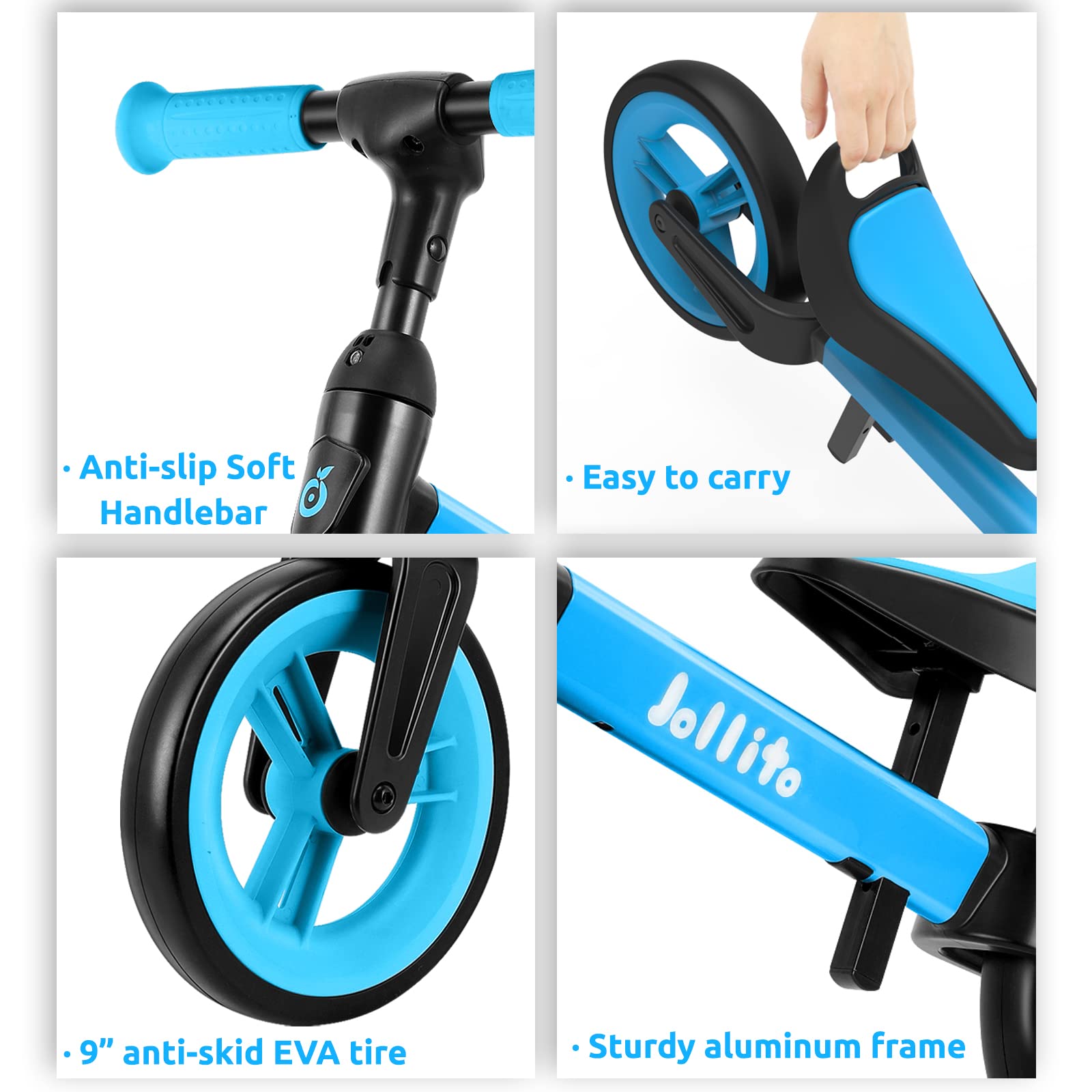 JOLLITO Toddler Balance Bike for 18 Months, 2, 3, 4 Years Old Girl Boy, Adjustable Seat and Handlebar, 9 Inch Wheel, Aluminium Frame, Best Gift for Beginners