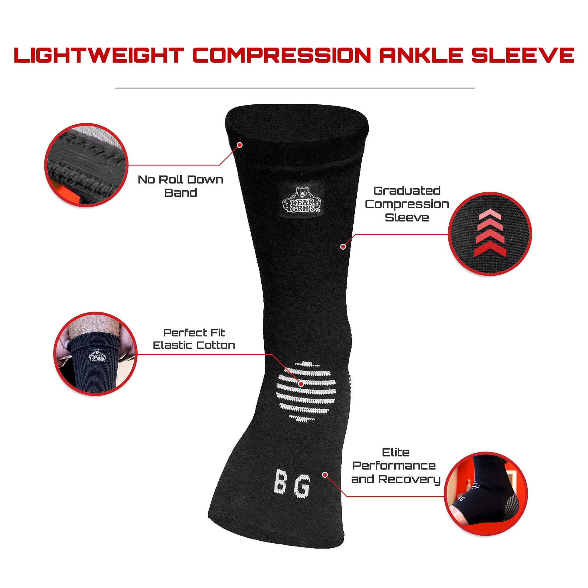 Bear Grips 2021 Lightweight Compression Ankle Sleeve - Superior Ankle Support for Weightlifting, Cardio, & Sports. Graduated Compression Recovery Sleeve, XL. For Men & Women.