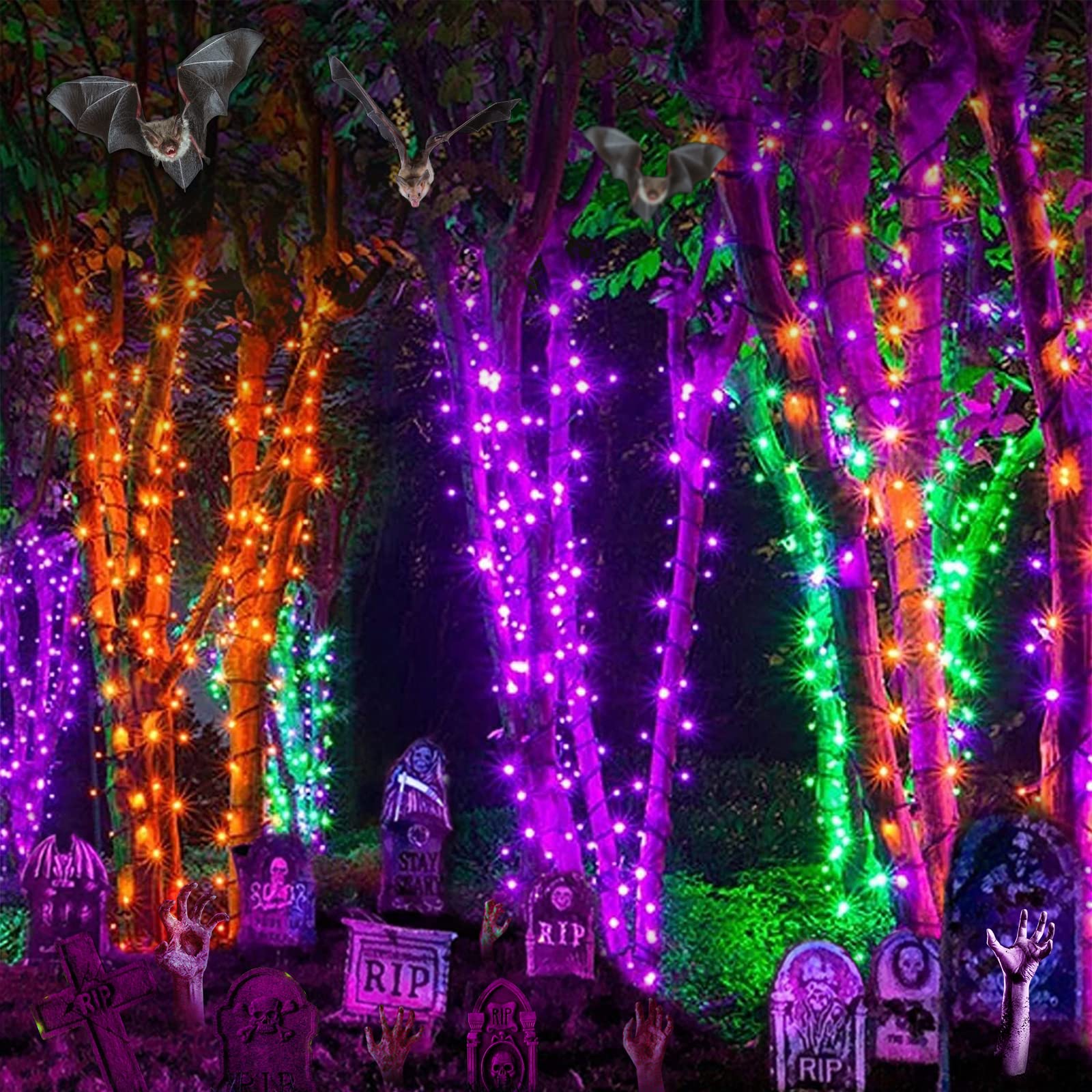 Joomer Orange Purple Halloween Lights 100FT 300 LED Connectable String Lights with 8 Modes Timer Waterproof Plug-in Orange Purple String Lights for Indoor Outdoor Halloween Decorations