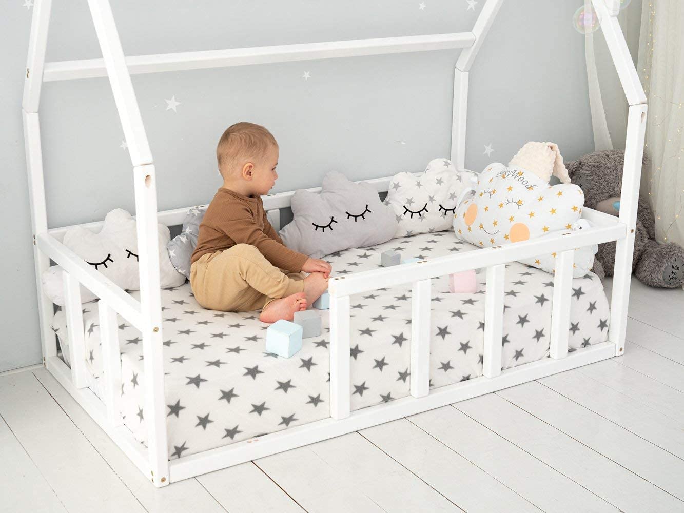BUSYWOOD Toddler Floor Bed - Montessori Floor Bed with Rails - Floor Bed for Toddlers - Kids Floor Bed- House Kid Bed Frame - Floor Bed Frame Toddler (FOR SLEEPING ONLY)