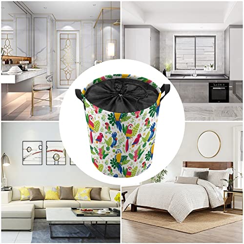 Cute Tropical Birds in Jungle Laundry Basket Round Collapsible Storage Bin with Drawstring and Handle for Bedroom Bathroom Toys Room 17.3" X 13.8"